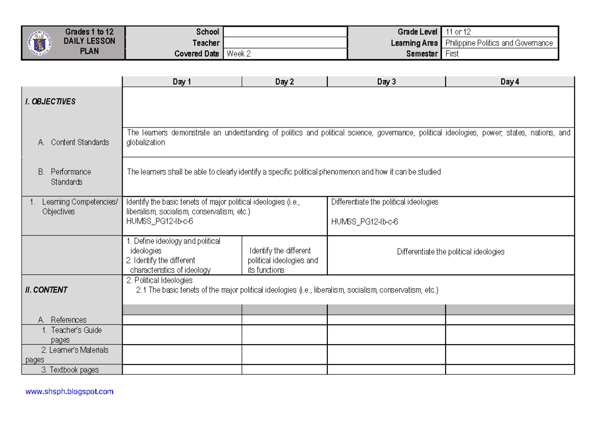 PPG Week 2 - Daily Lesson Plan on Political Ideologies - Studocu
