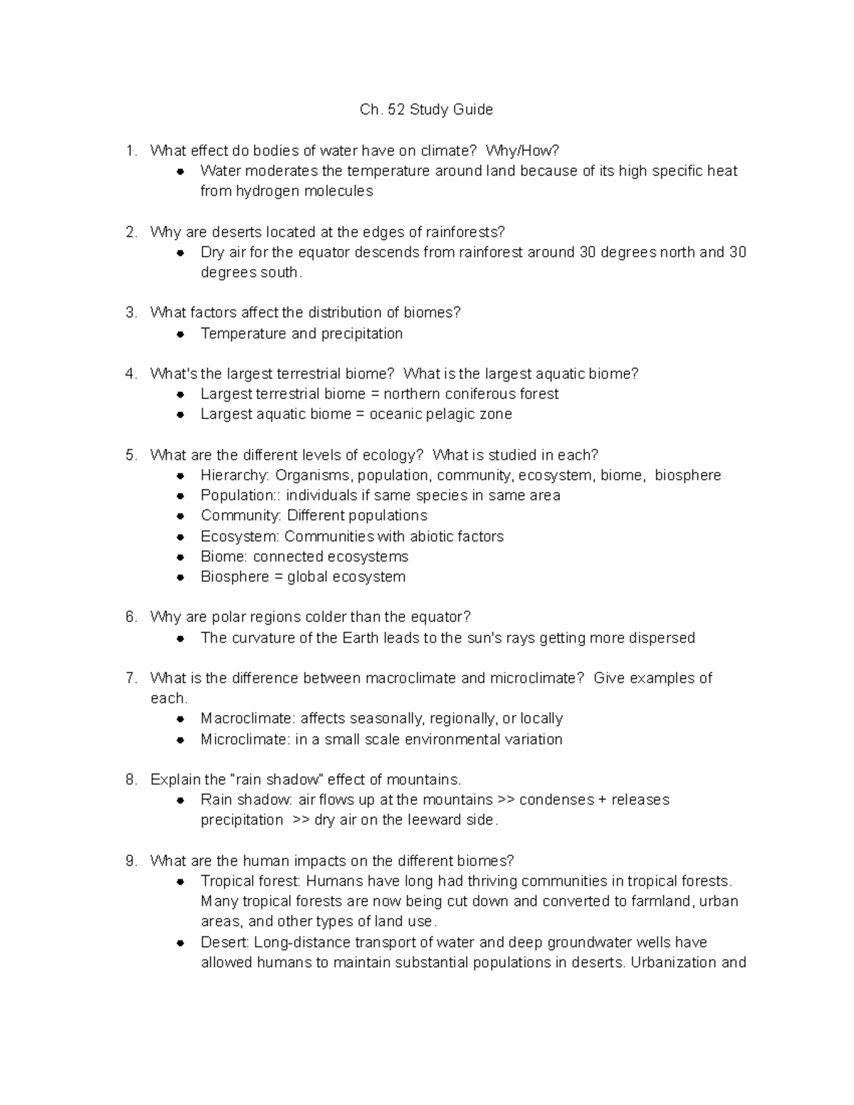 Ch. 52 Ecology Study Guide: Biomes and Human Impacts on Environment ...