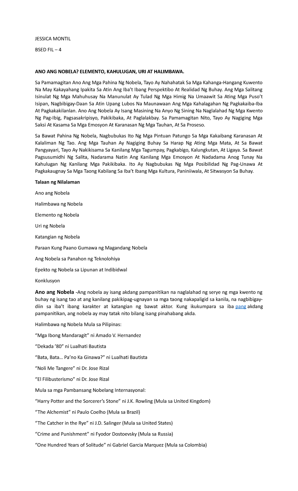 Nobela: Elemento, Halimbawa, at Epekto sa Lipunan (BSED FIL-4) - Studocu