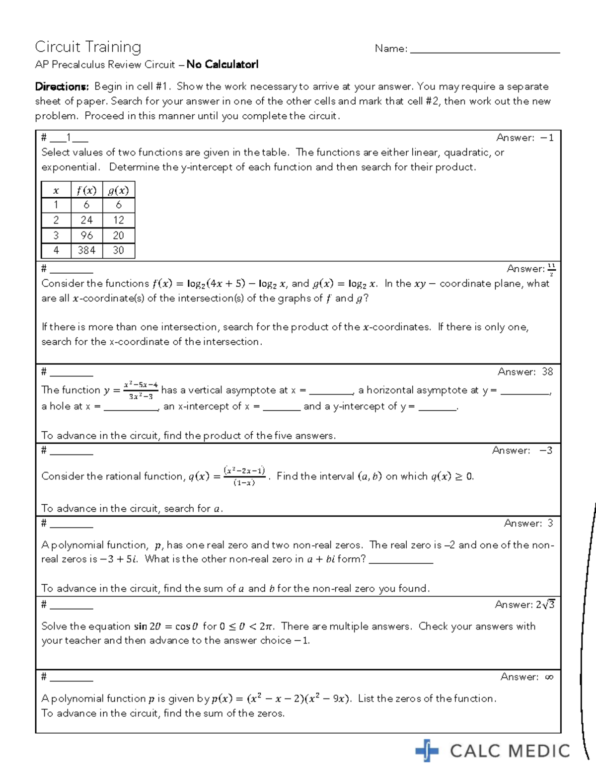 MATH 1130 - Precalculus Final Exam Review Circuit (No Calculator) - Studocu