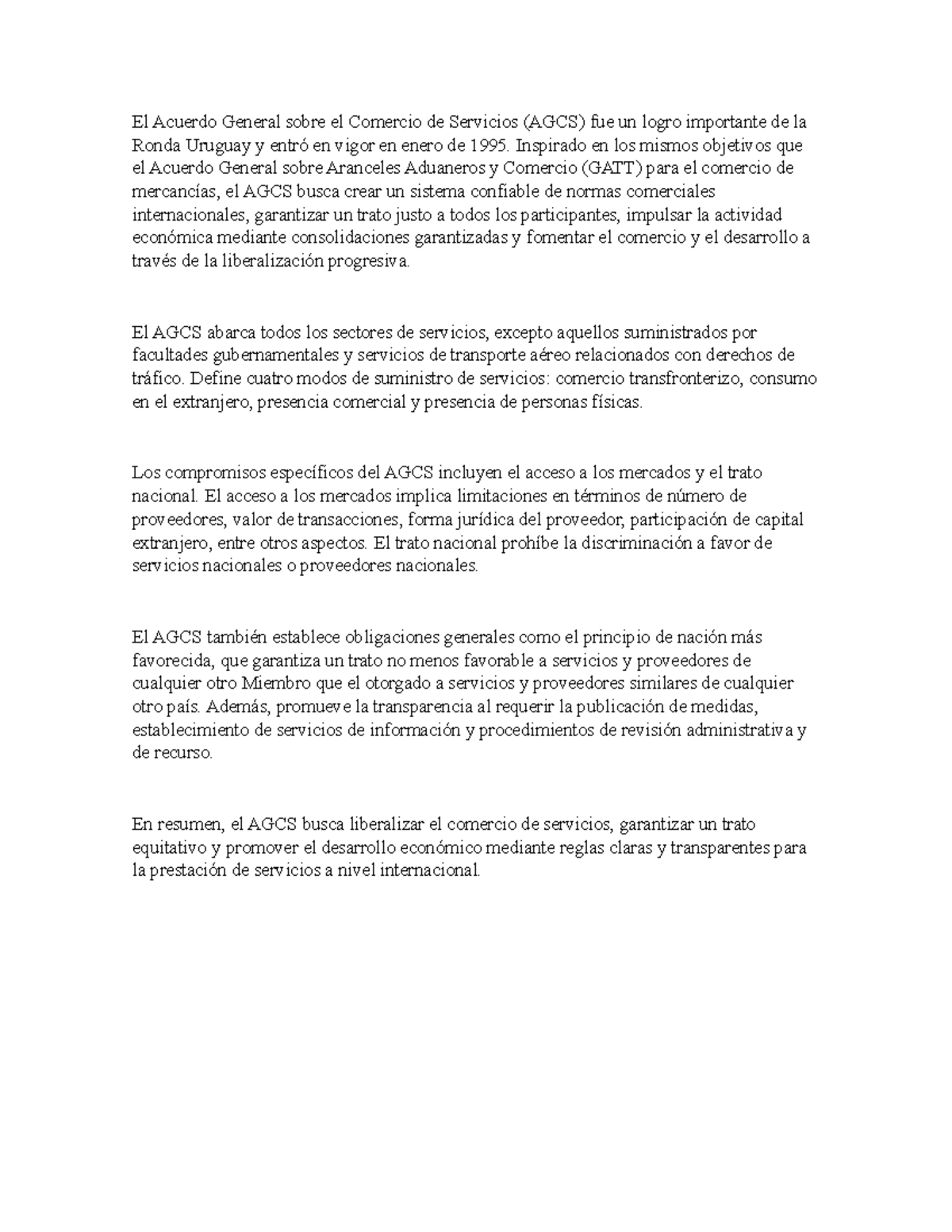 Resumen del Acuerdo General sobre el Comercio de Servicios (AGCS) - Studocu