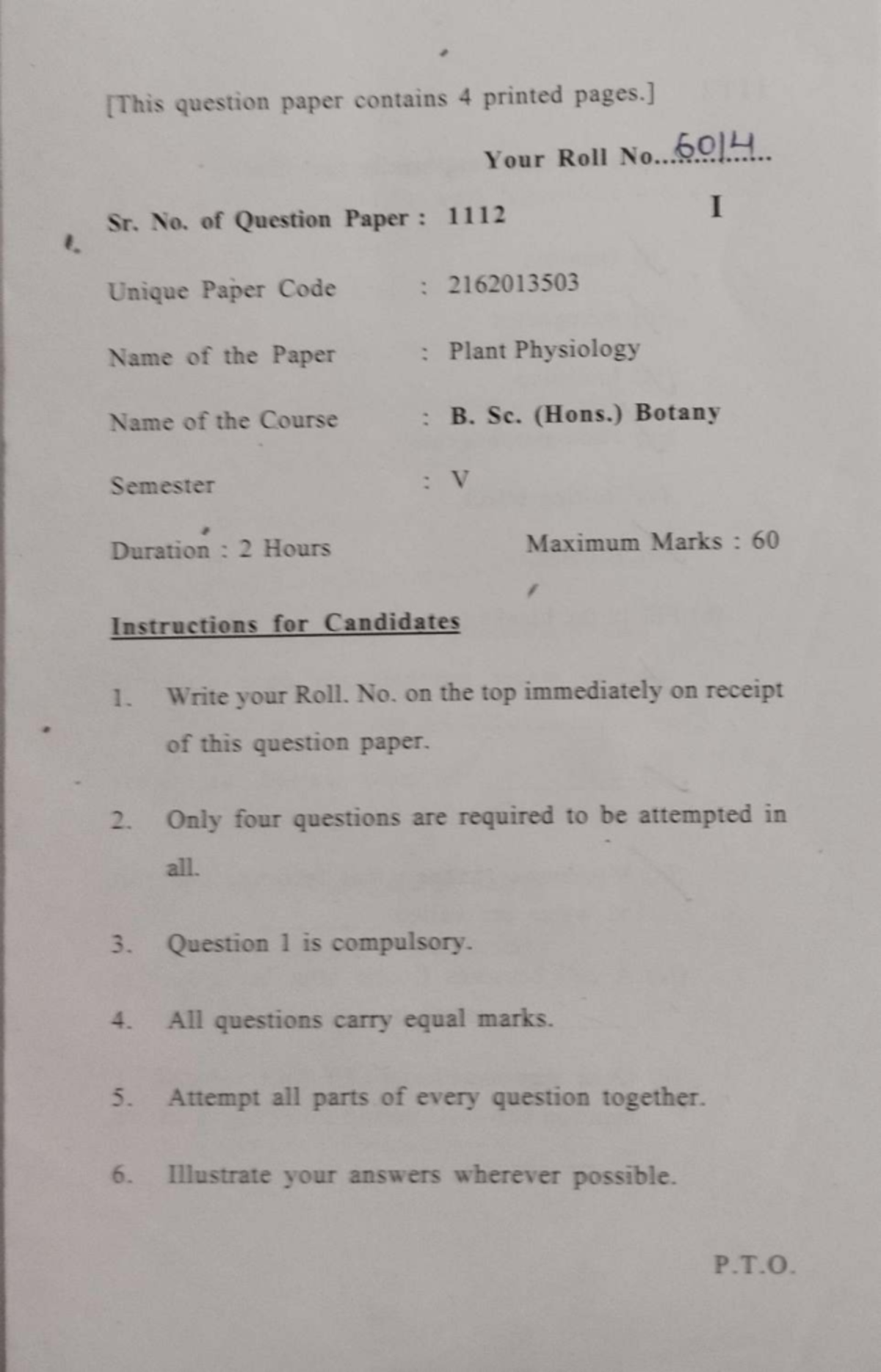 B. Sc. (Hons.) Botany V Sem Plant Physiology Question Paper 2162013503 ...
