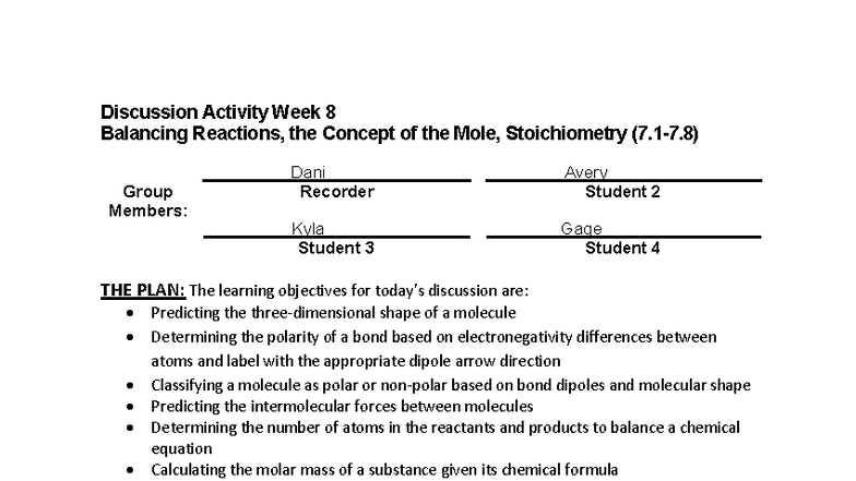 Discussion Activity W8: Balancing Reactions & Stoichiometry - Studocu