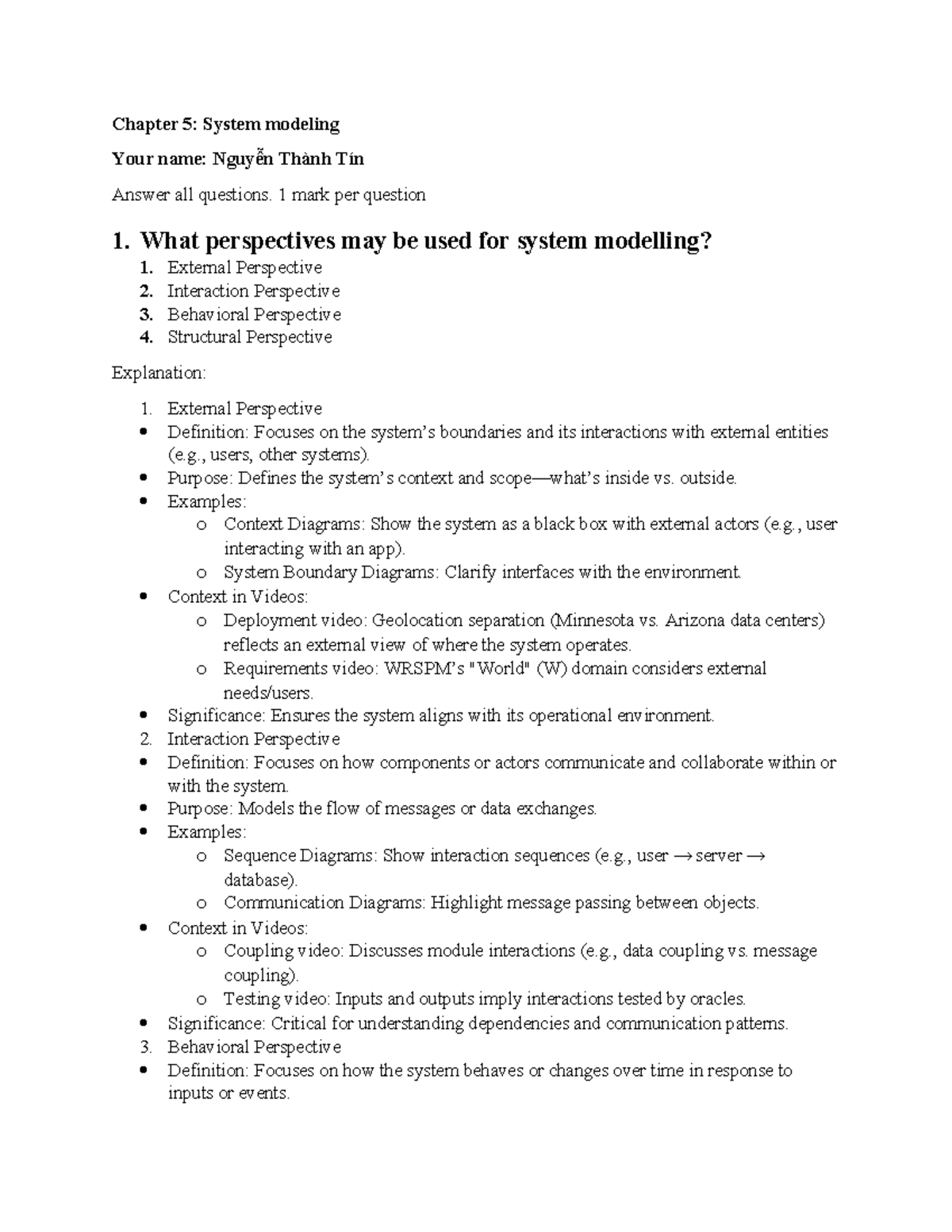 Quiz 5: System Modeling Perspectives and UML Diagrams - Studocu