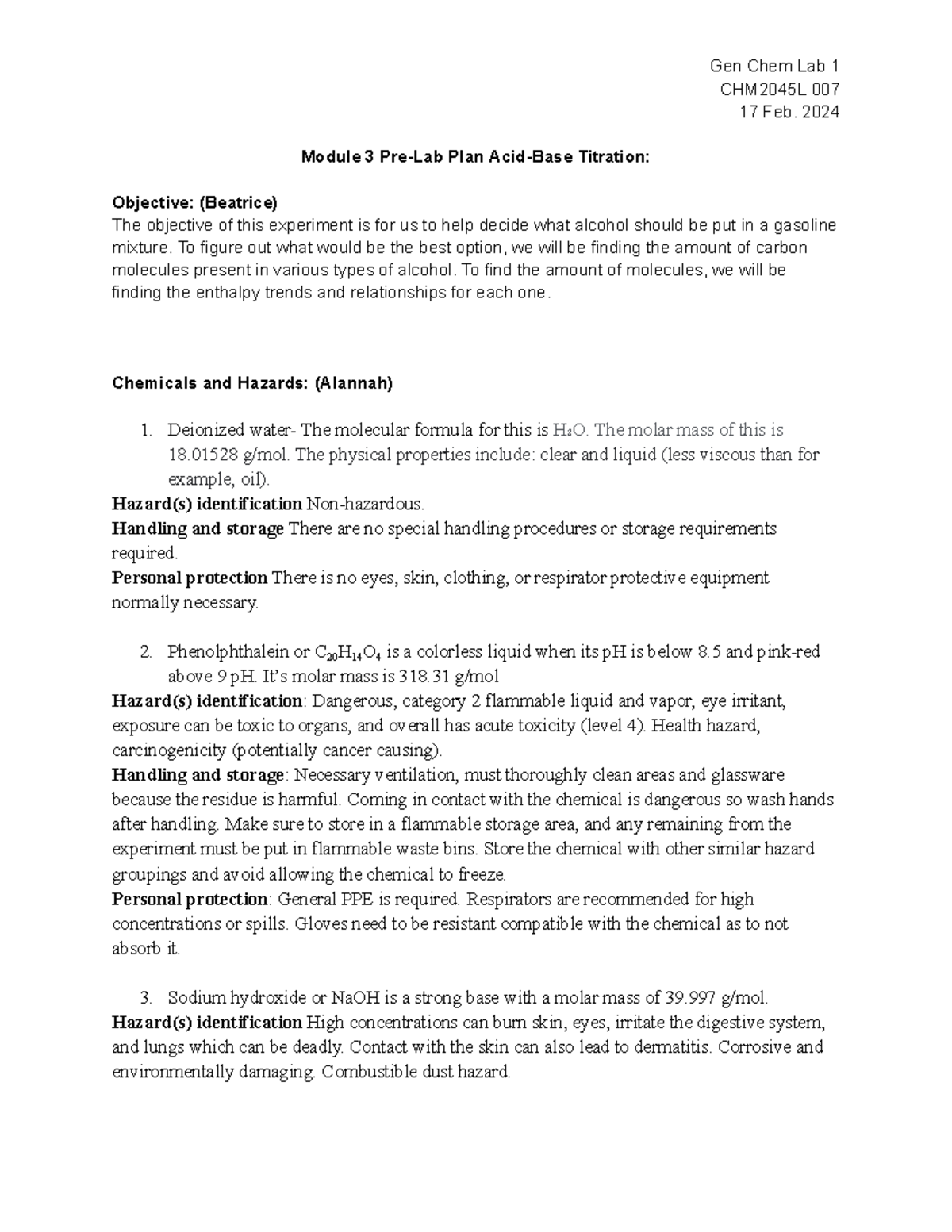 Module 3 Pre-Lab Plan Acid - Base Titration - CHM2045L 007 17 Feb. 2024 ...