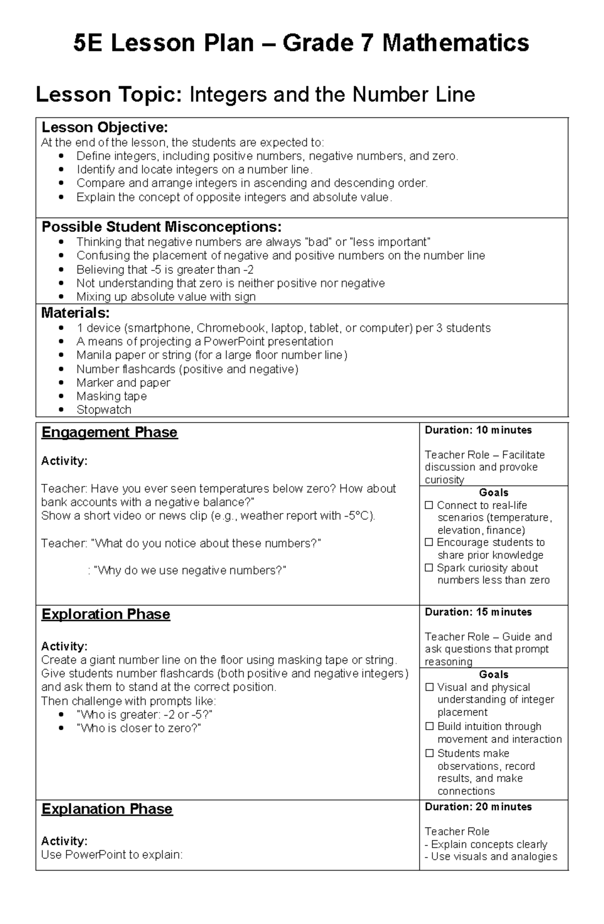 5E Lesson Plan: Integers & Number Line for Grade 7 Math - Studocu