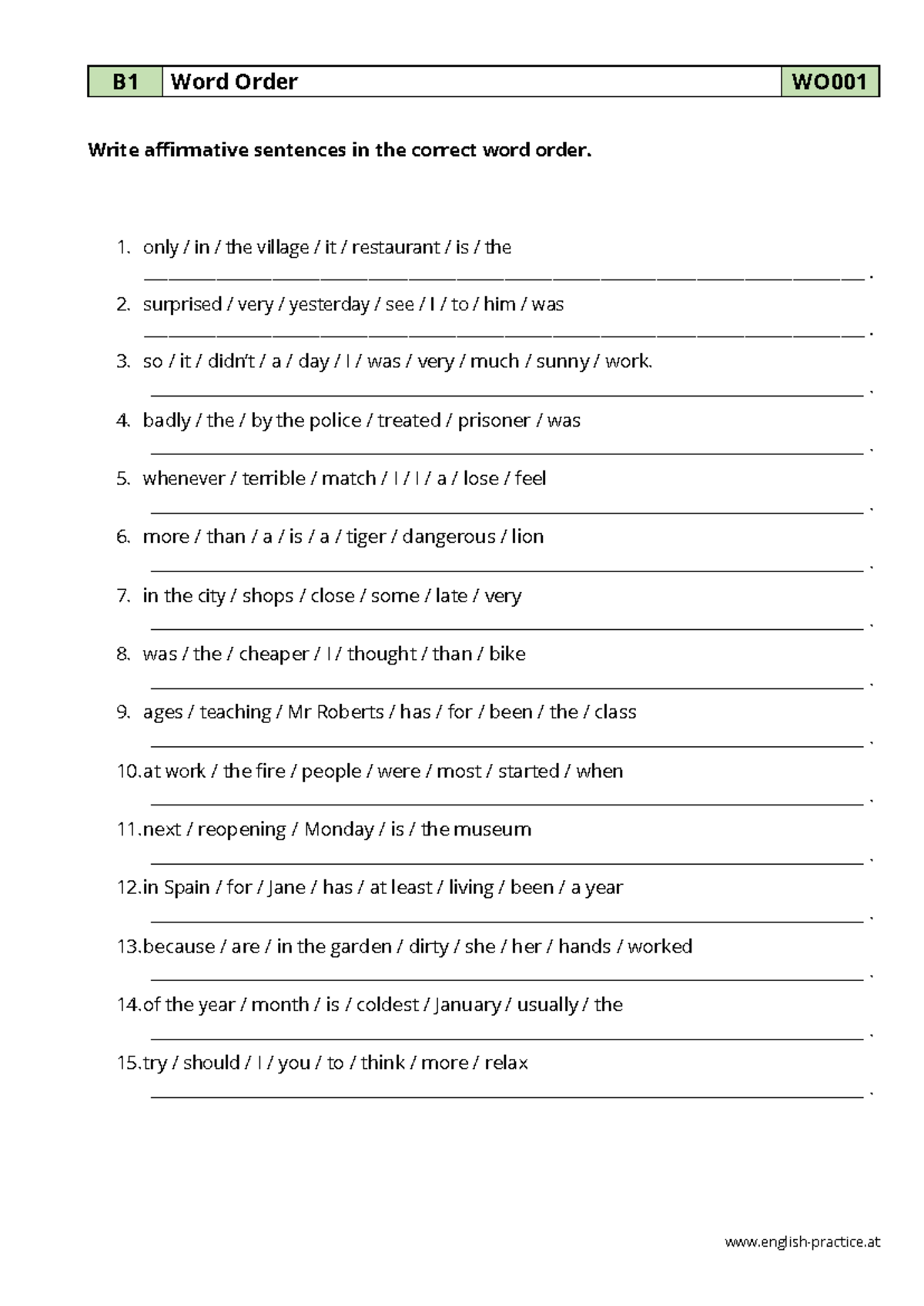 B1 WO001 - Word Order Practice with Answers - Studocu