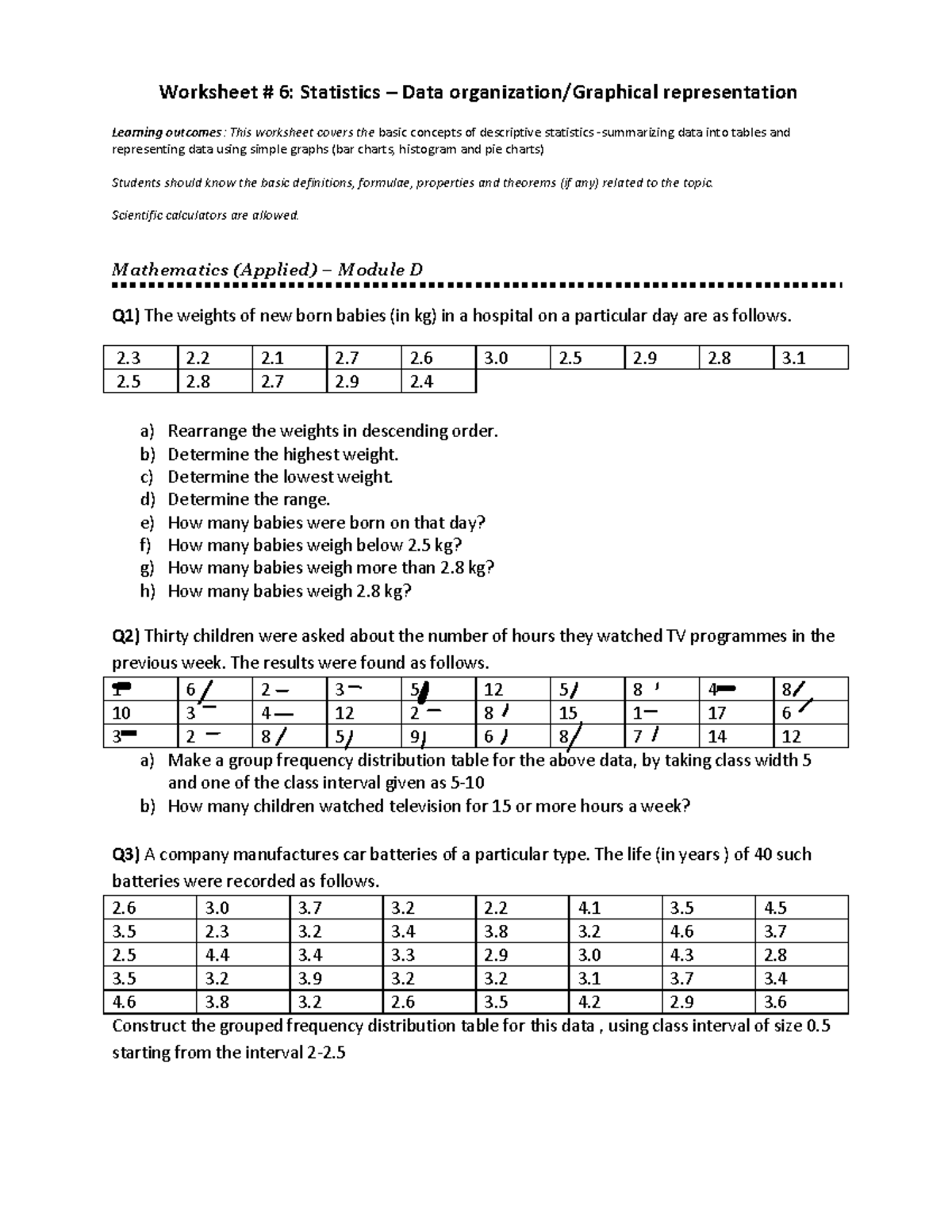 Worksheet 6: Descriptive Statistics Data Representation & Analysis ...
