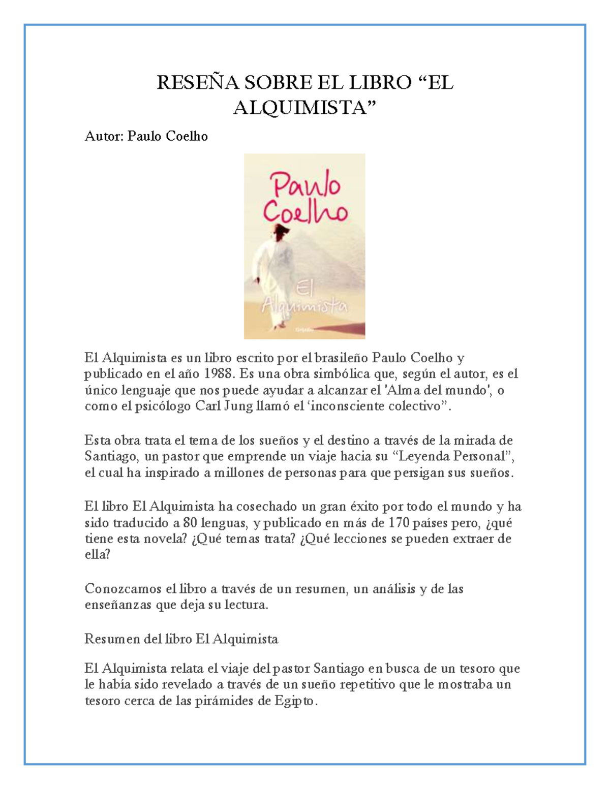 El Alquimista - RESE—A SOBRE EL LIBRO