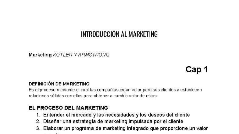 Introducción al Marketing KOTLER Y ARMSTRONG: Capítulos 1-3 - Studocu