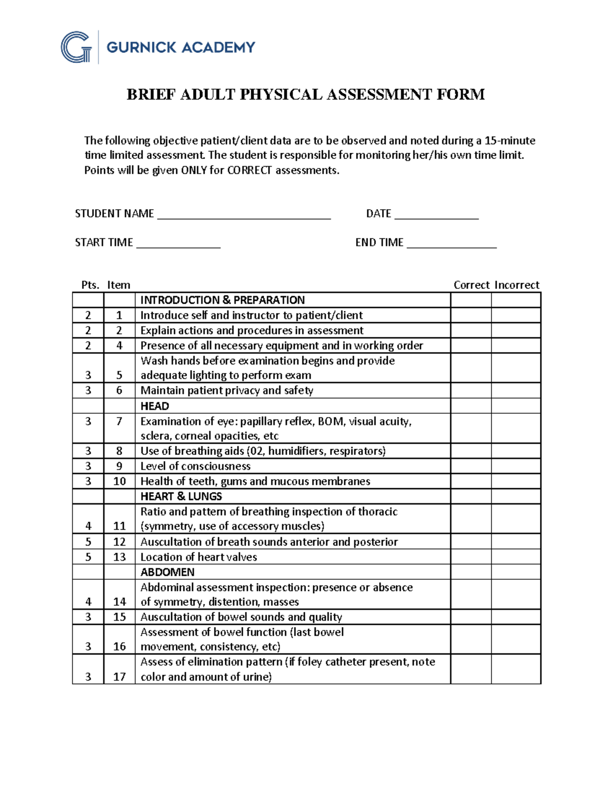 Head to Toe Assessment original - BRIEF ADULT PHYSICAL ASSESSMENT FORM ...