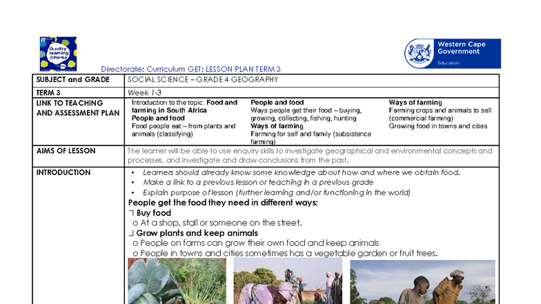 Lesson Plan: Gr 4 SS Geography T3 - Food & Farming in SA - Studocu
