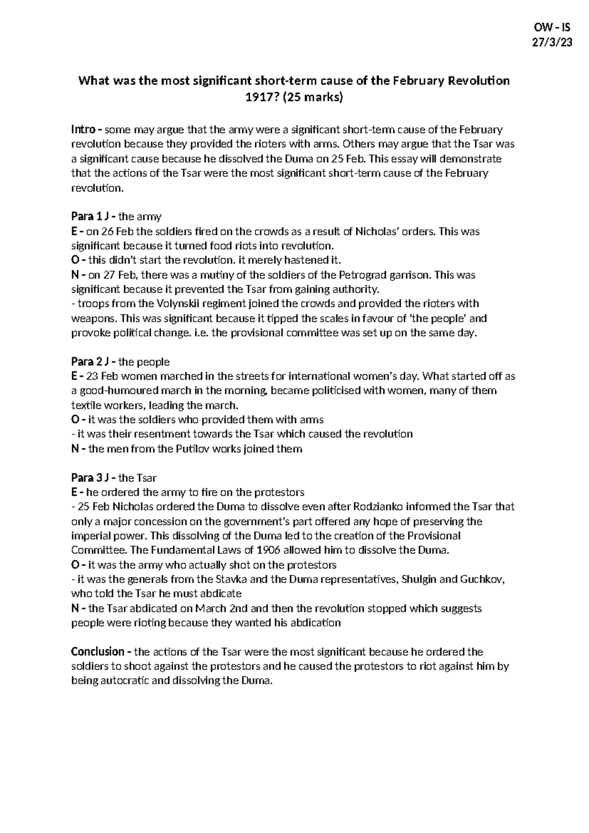 Short-Term Causes of the February Revolution 1917 (25 Marks) - Studocu