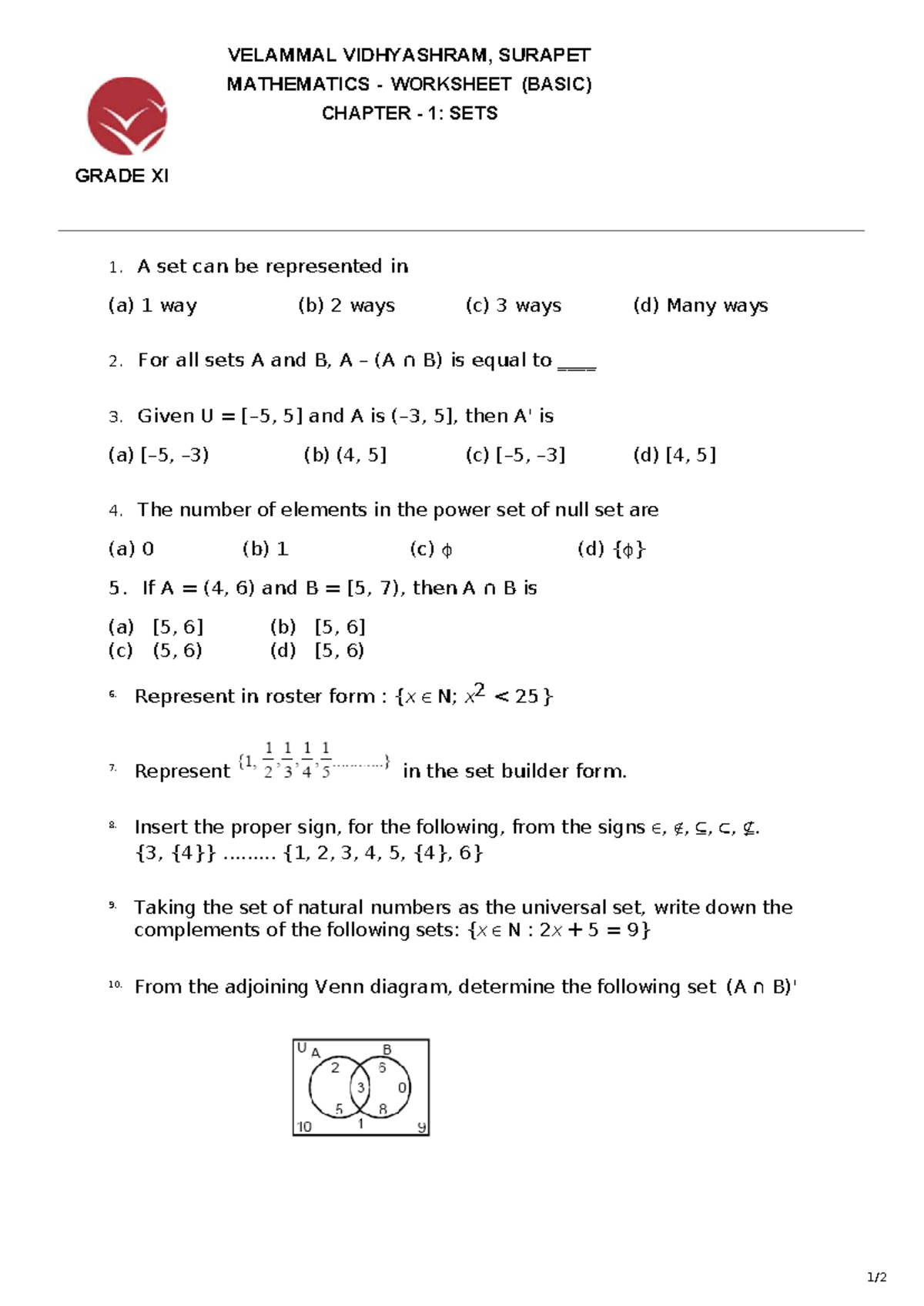 Grade XI Mathematics Worksheet (Basic) - Chapter 1: Sets - Studocu