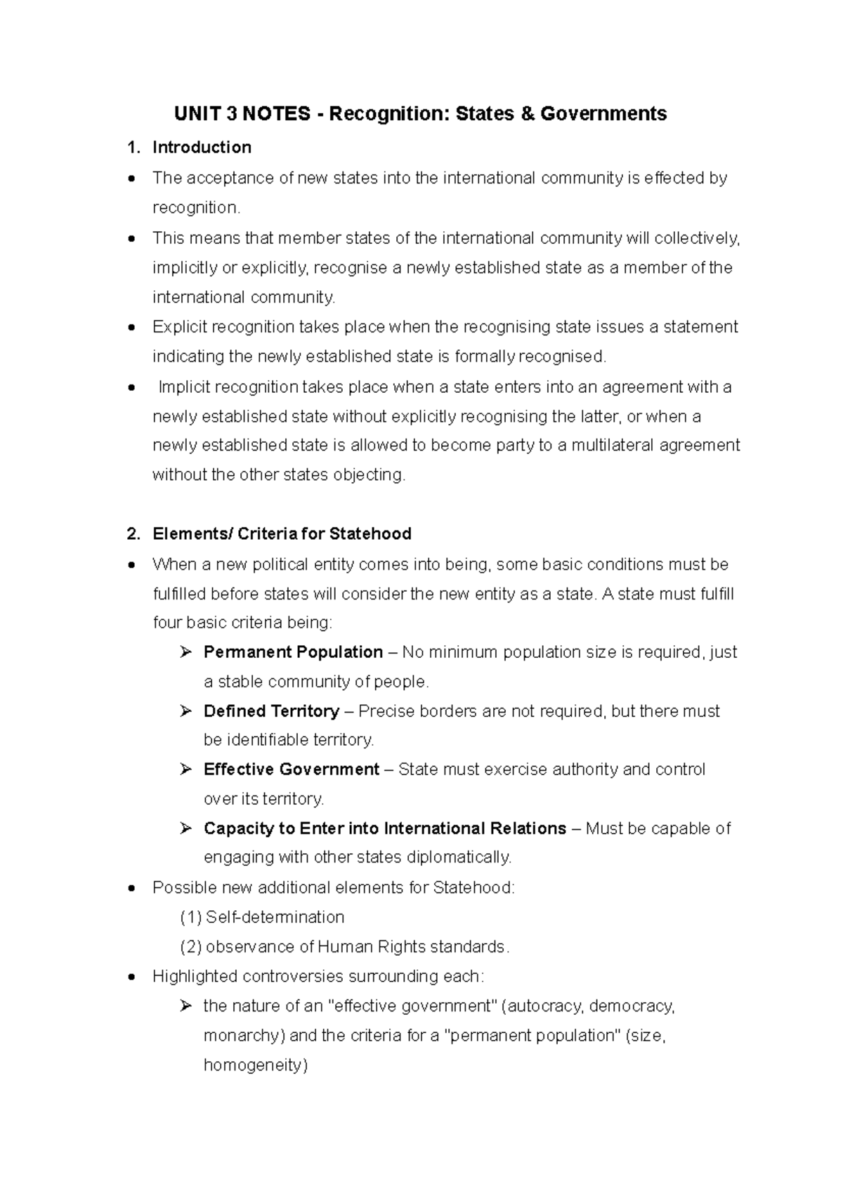 UNIT 3 NOTES - LINT: Recognition and Statehood Criteria - Studocu