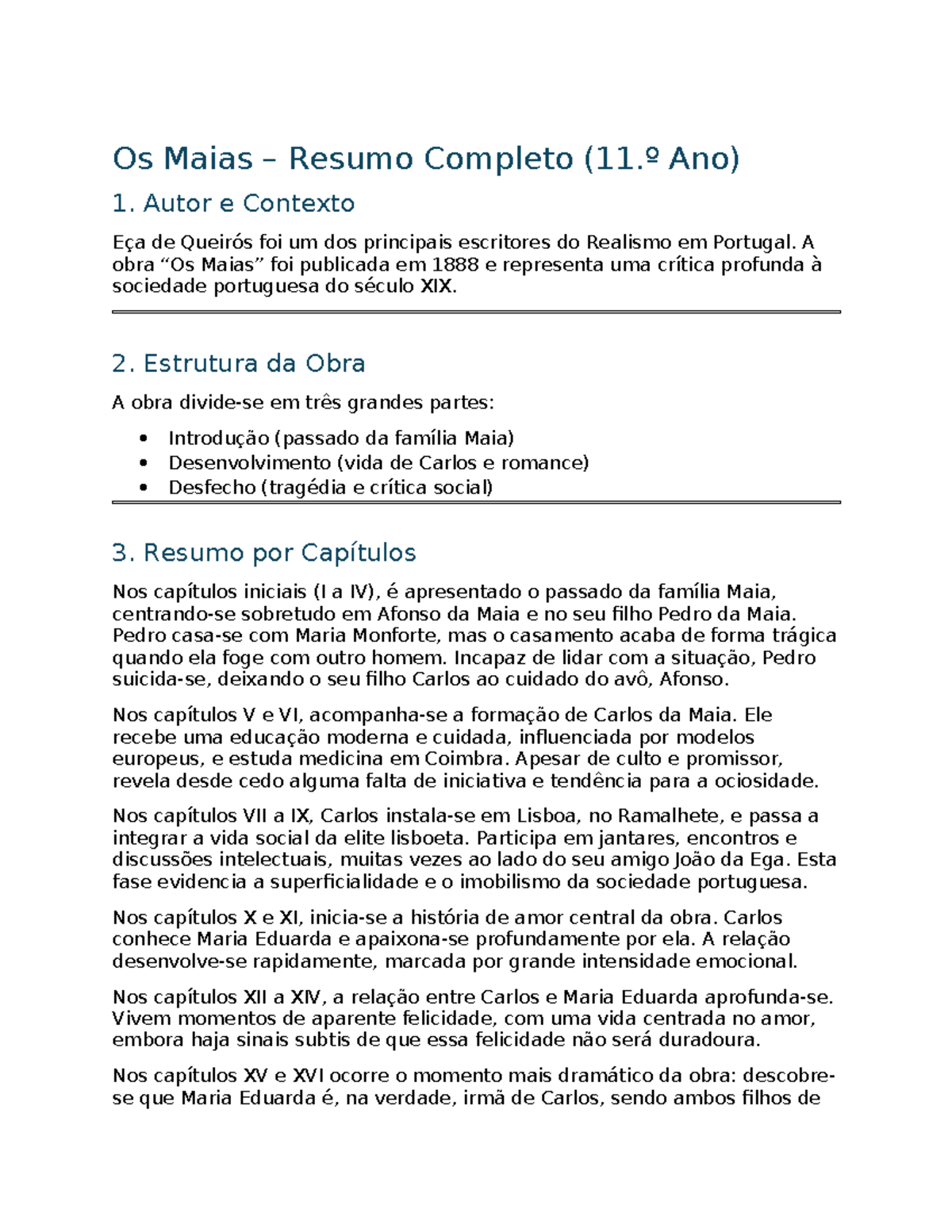 Os Maias - Resumo Completo (11.º Ano) e Análise da Obra - Studocu