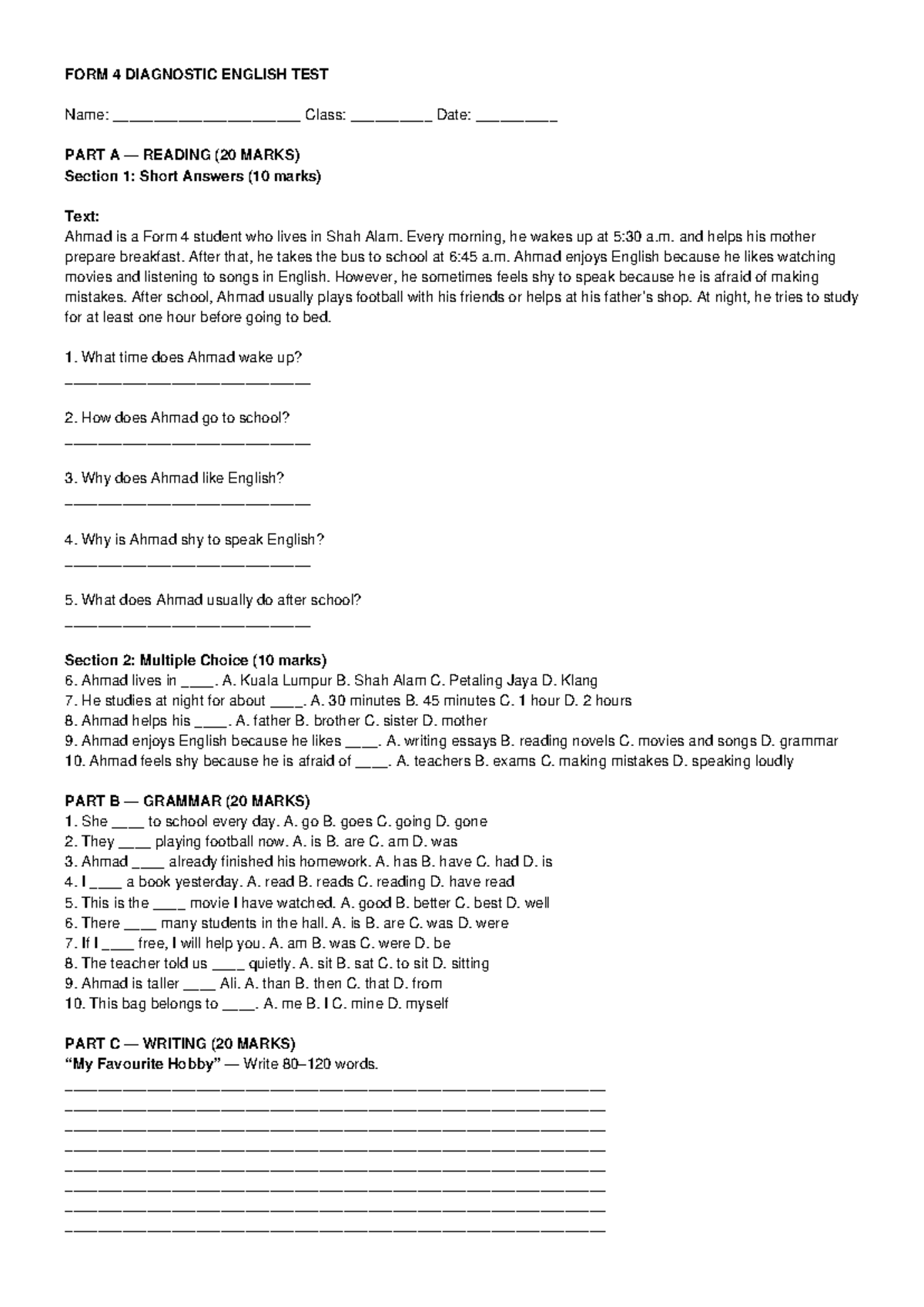 Form 4 Diagnostic English Test: Reading, Grammar & Writing - Studocu