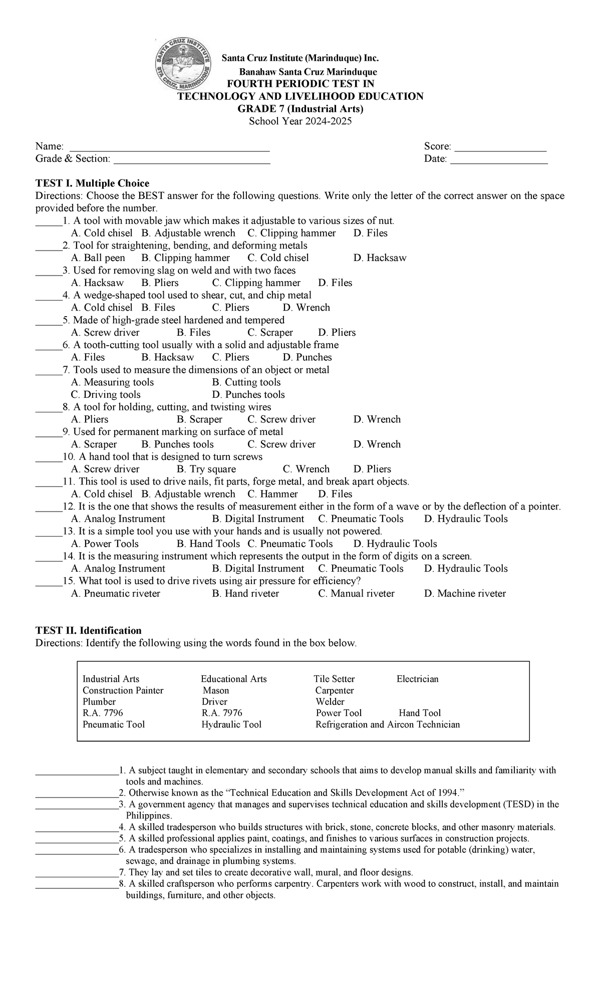 TLE 7 - Fourth Periodic Test in Technology and Livelihood Education ...
