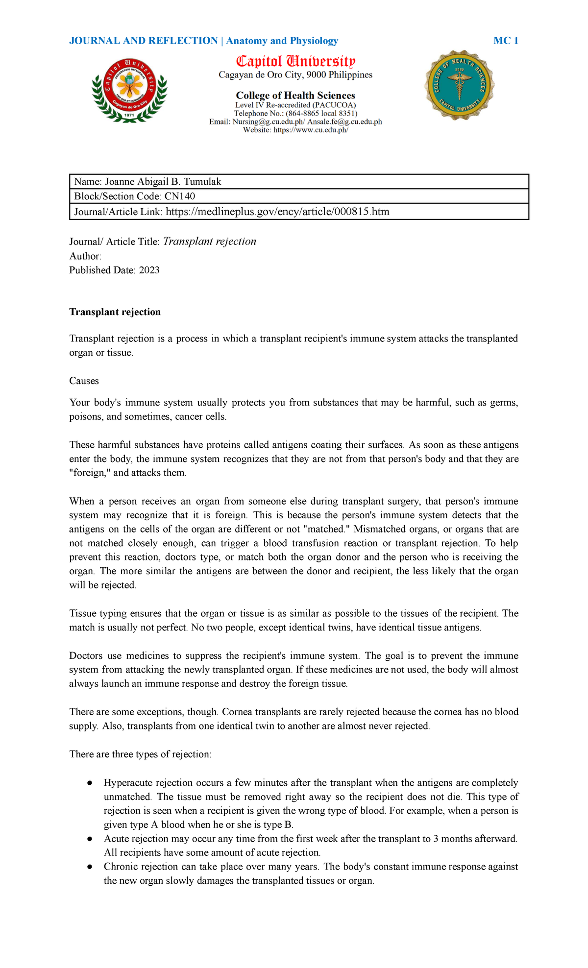 Journal Reflection Format Journal And Reflection Anatomy And