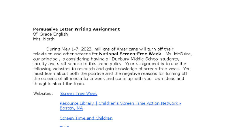 Persuasive Writing Assignment ltr -National Screen Free Week 2023 ...