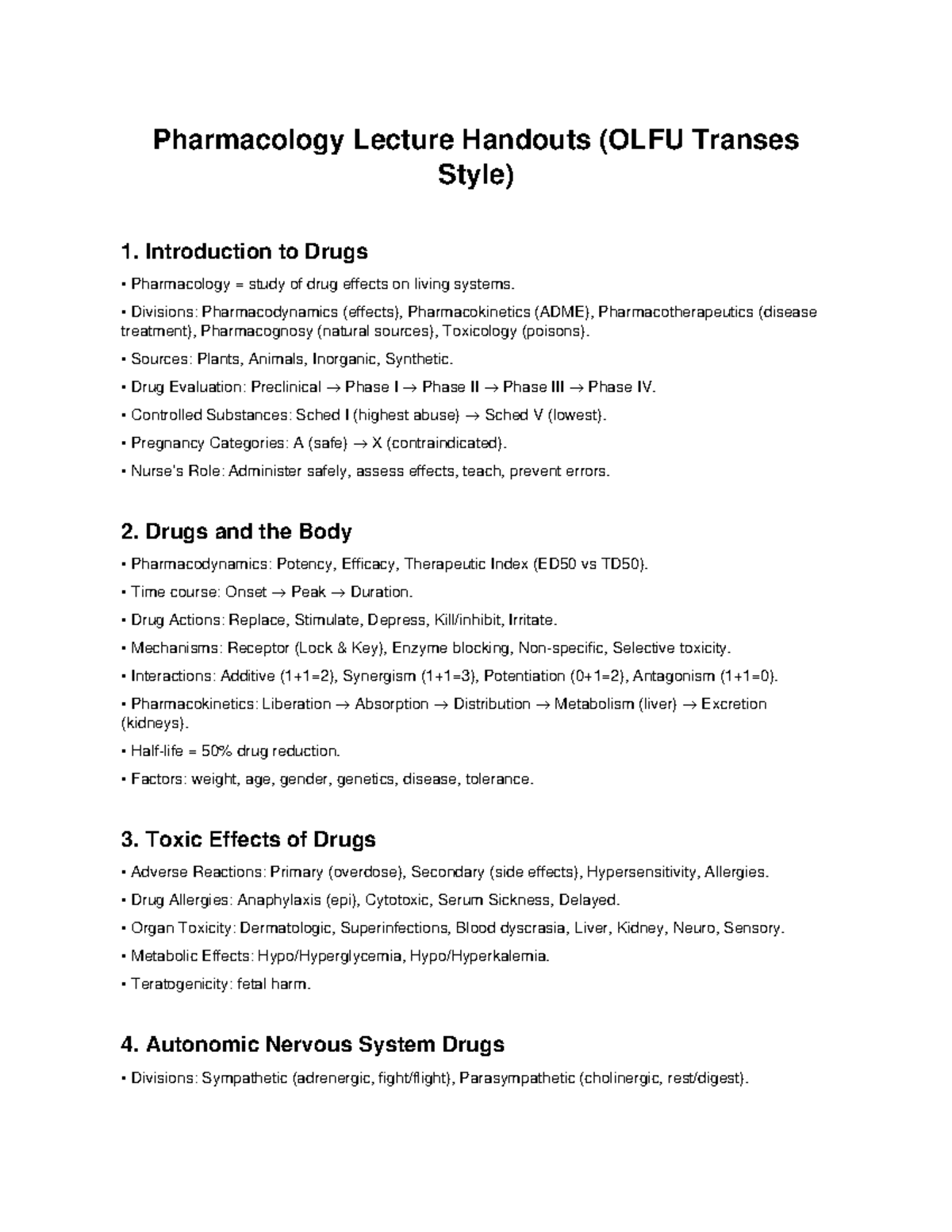 Pharmacology Lecture Handouts (OLFU) - Intro to Drug Effects & Actions - Studocu