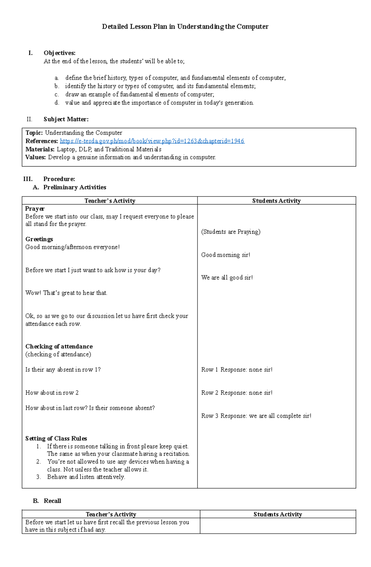 Detailed Lesson Plan: Understanding Computer (CSS-101) - Studocu