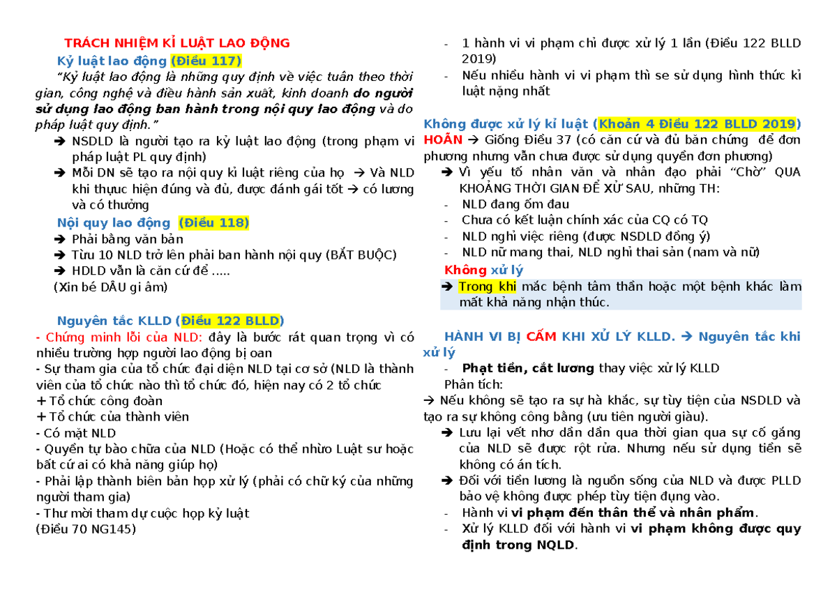 Về Trách Nhiệm Kỷ Luật Lao Động - Bài Ghi Chú (KLLD) - Studocu