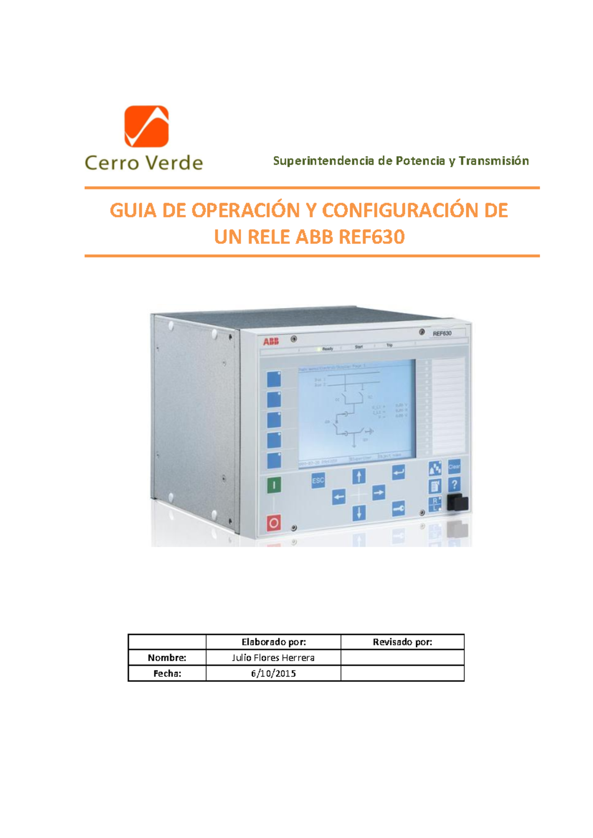 Guía de Operación y Configuración del Relé ABB REF630 - Studocu