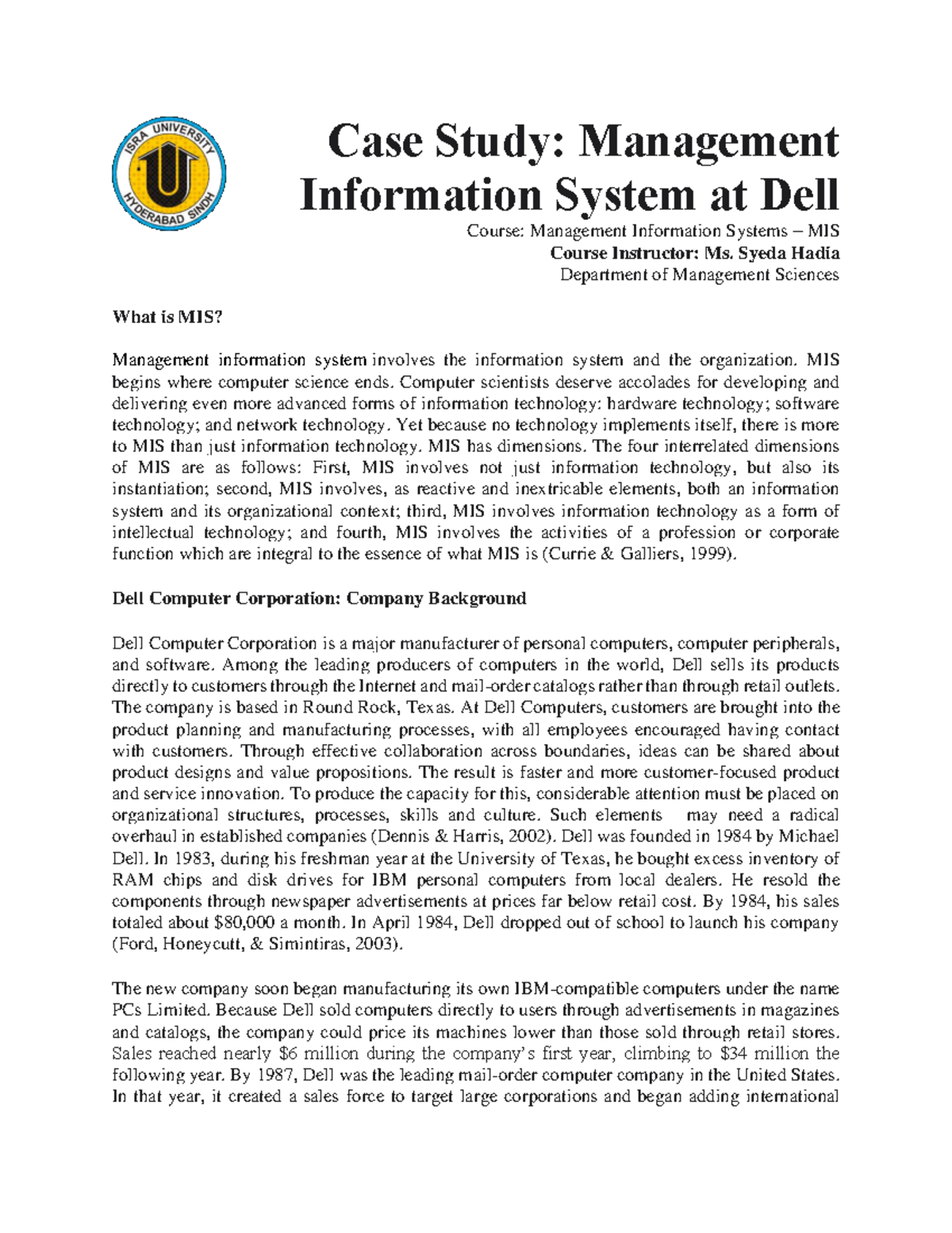 Case Study - MIS - Case Study: Management Information System at Dell ...