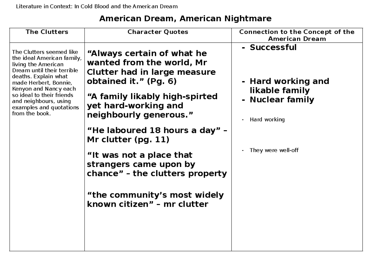 In Cold Blood: Analyzing the Clutters and the American Dream - Studocu