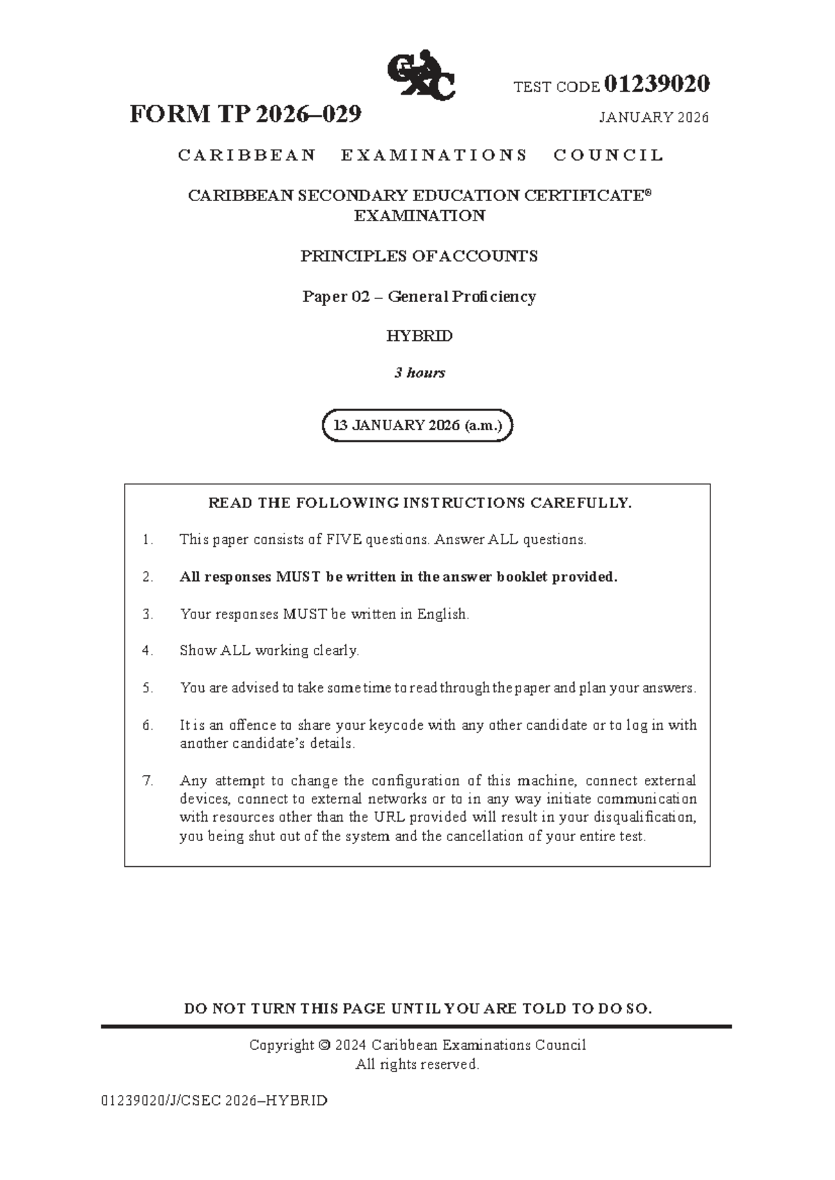 CSEC POA 01239020 January 2026 Paper 02 General Proficiency Exam - Studocu