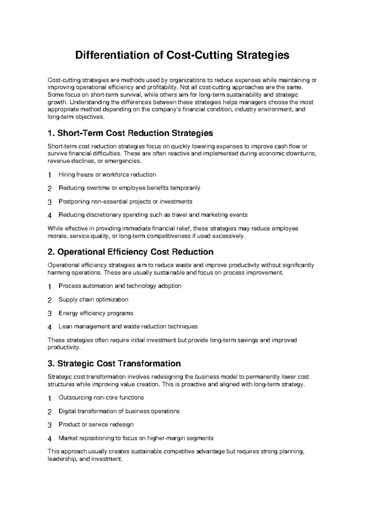Cost Cutting Strategies: Differentiation Approaches Explained - Studocu