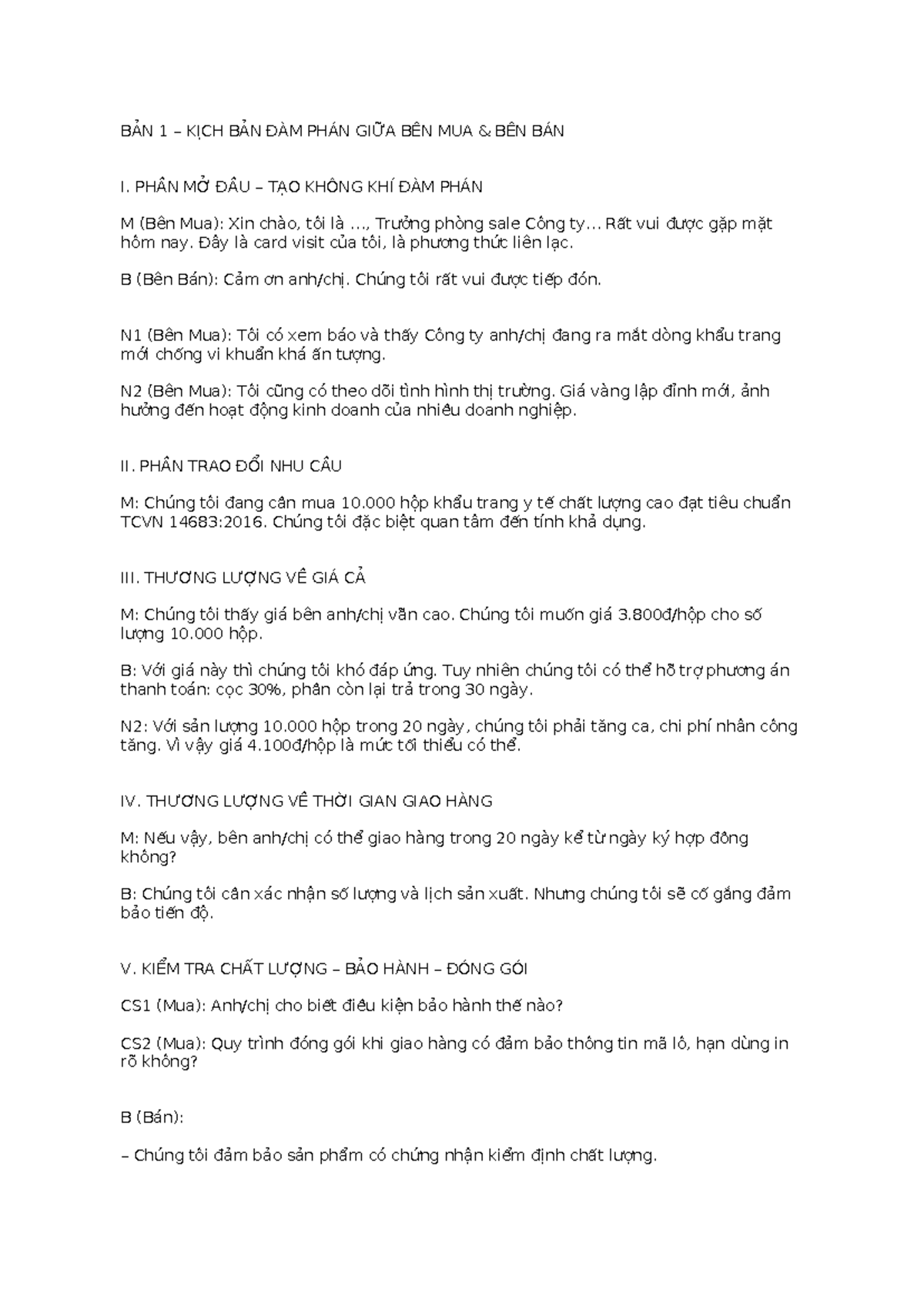 Kịch Bản Đàm Phán Mua Bán: Hộp Khẩu Trang Y Tế TCVN 14683:2016 - Studocu