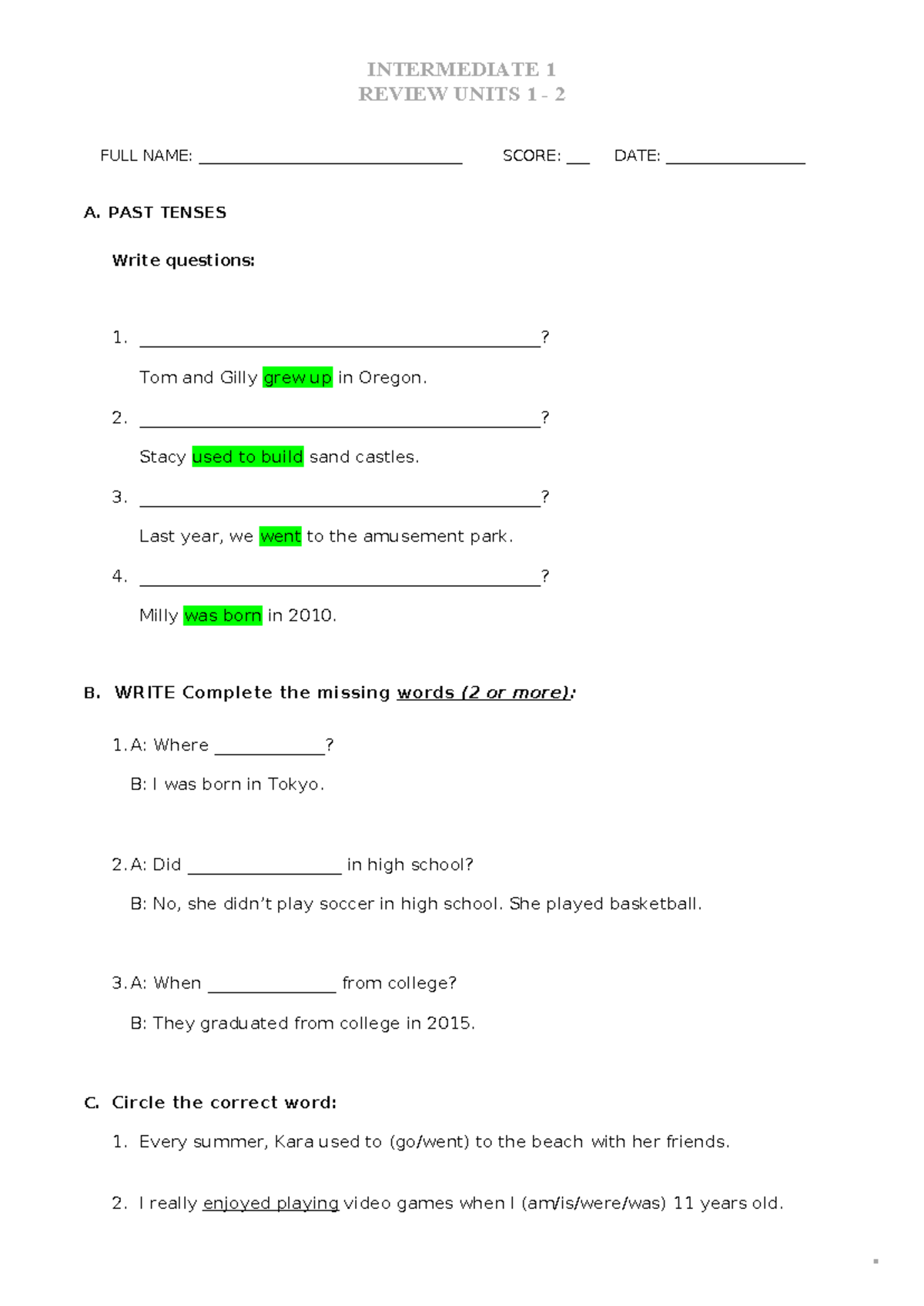 INTERMEDIATE 1 REVIEW: UNITS 1 & 2 STUDY GUIDE - Studocu