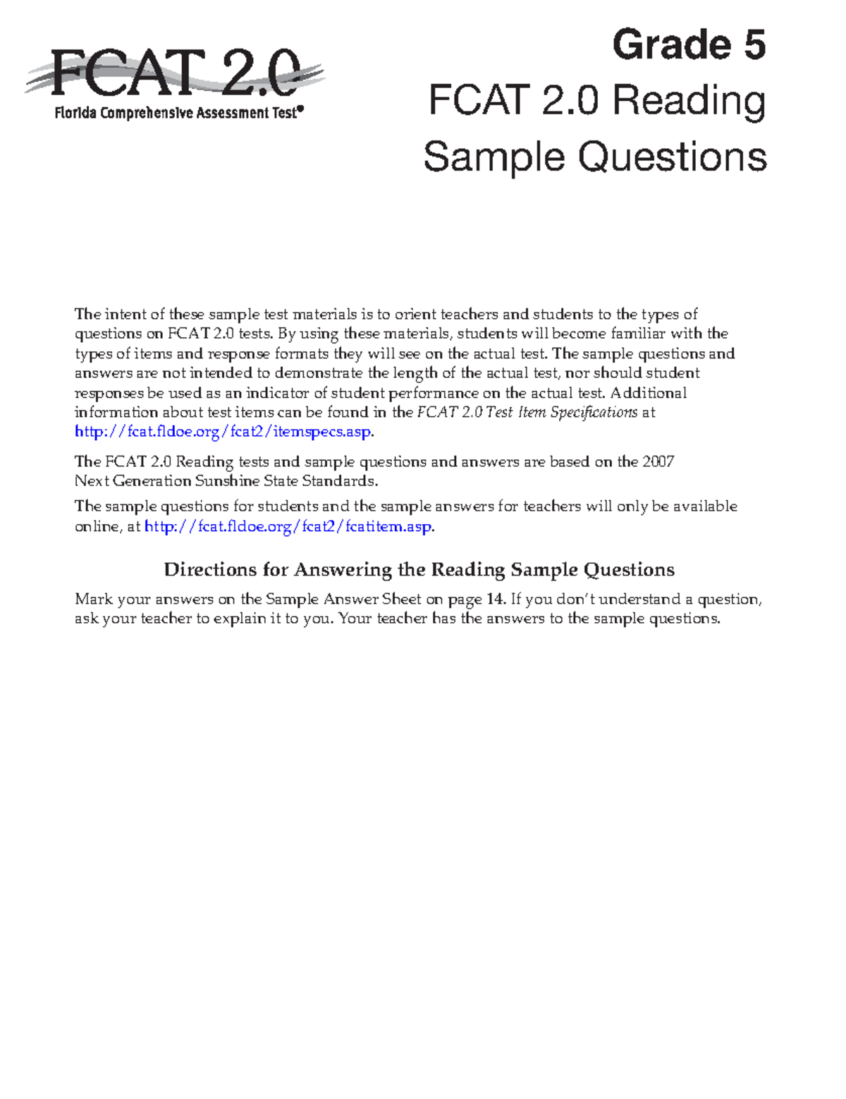 FCAT 2.0 Grade 5 Reading: Sample Test Questions & Answers - Studocu