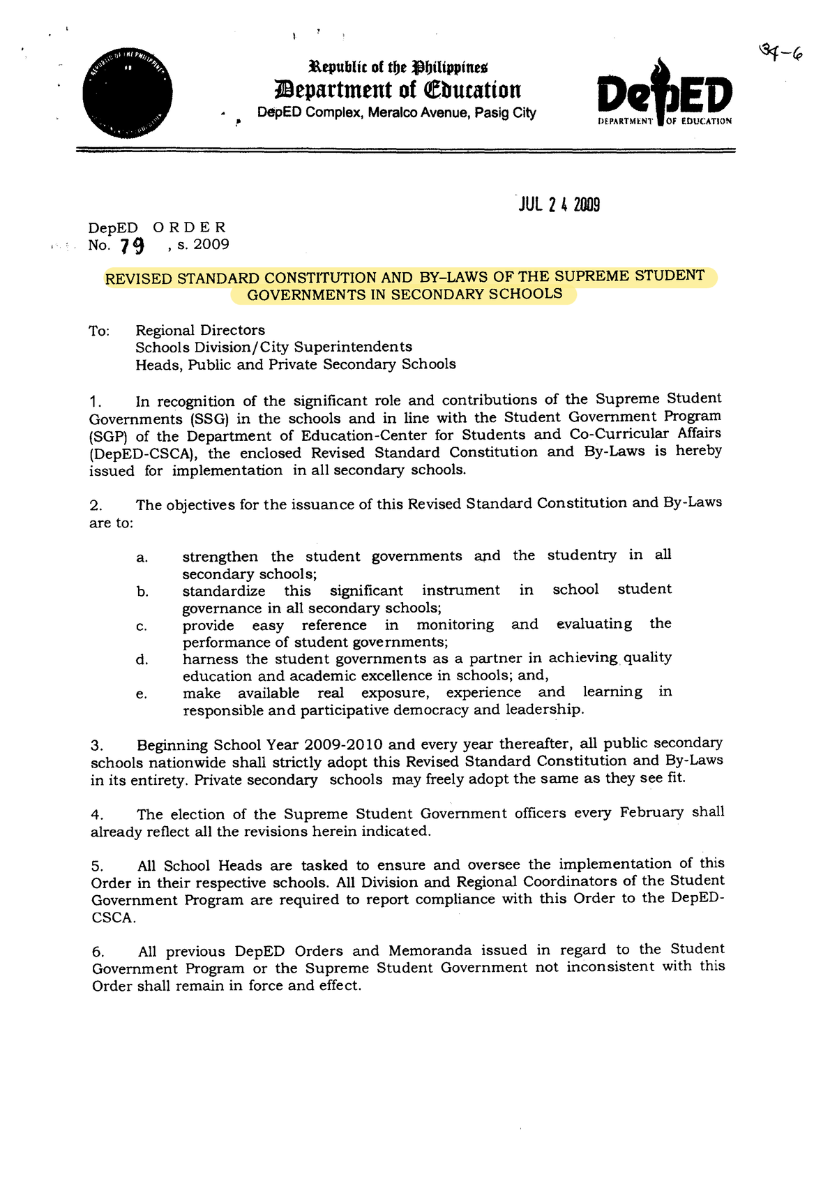 DepED Order No. 79, S. 2009: Revised SSG Constitution for Secondary ...