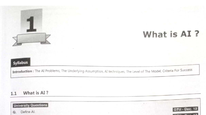 AI (GTU) Syllabus: Understanding AI Concepts, Techniques, and Problems - Studocu