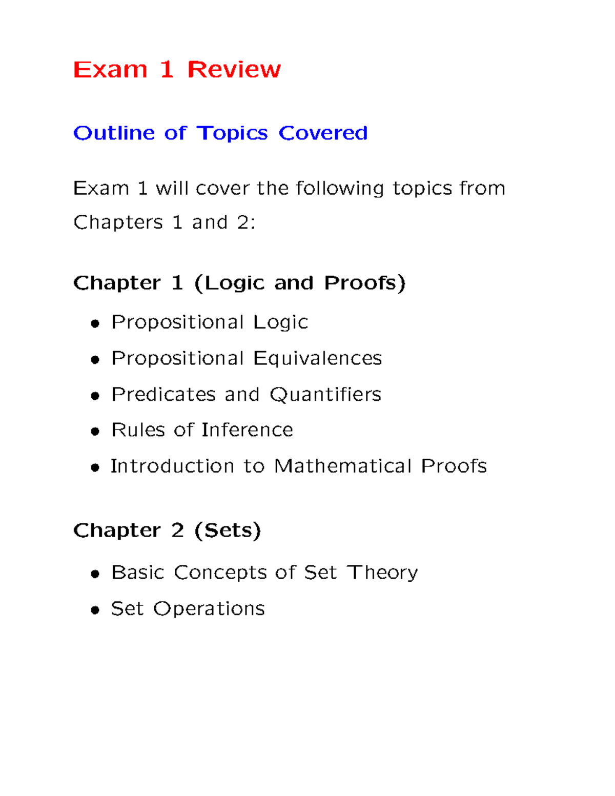 2305 Exam 1 Review Outline: Logic, Proofs, and Sets Topics - Studocu