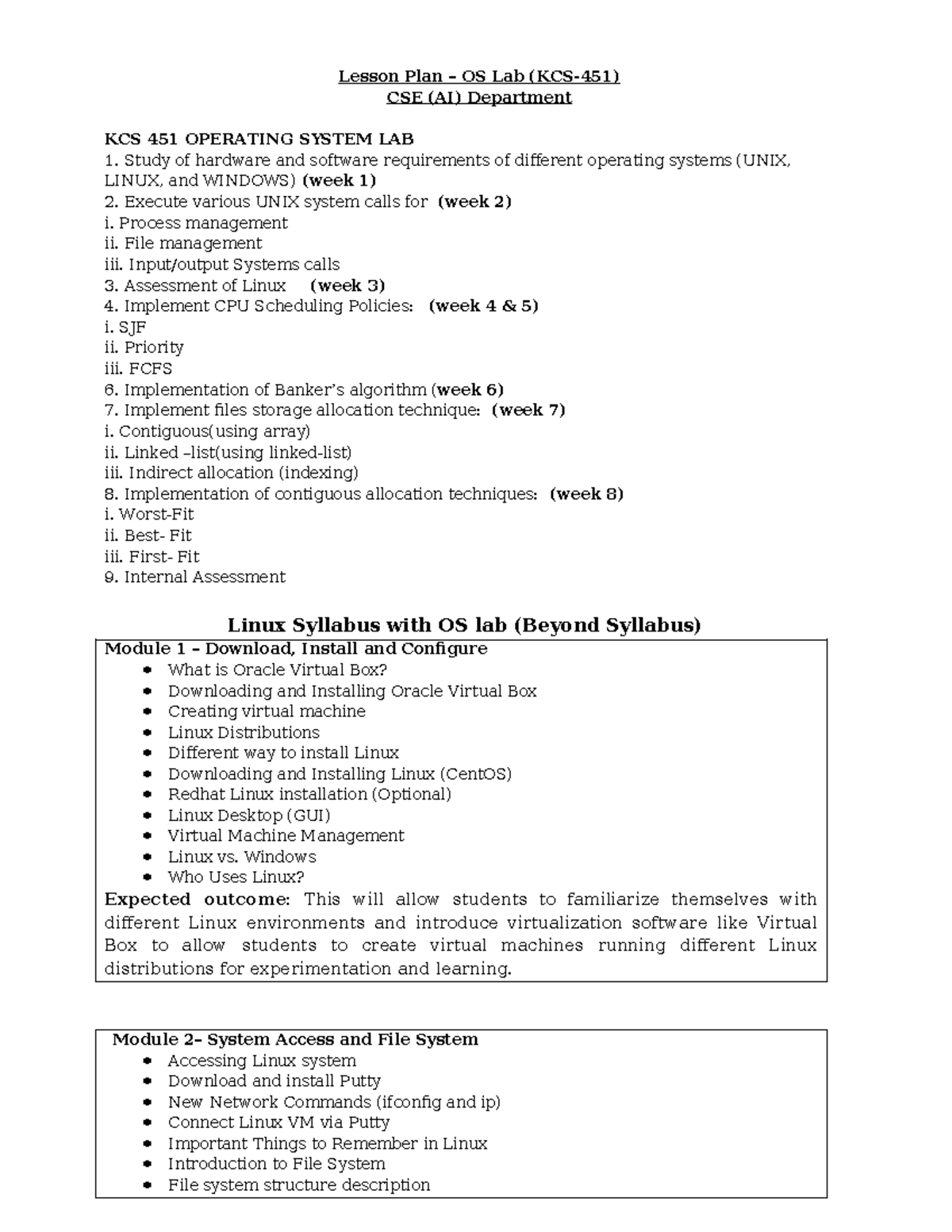 KCS-451 OS Lab Lesson Plan: Essential Linux and System Operations - Studocu
