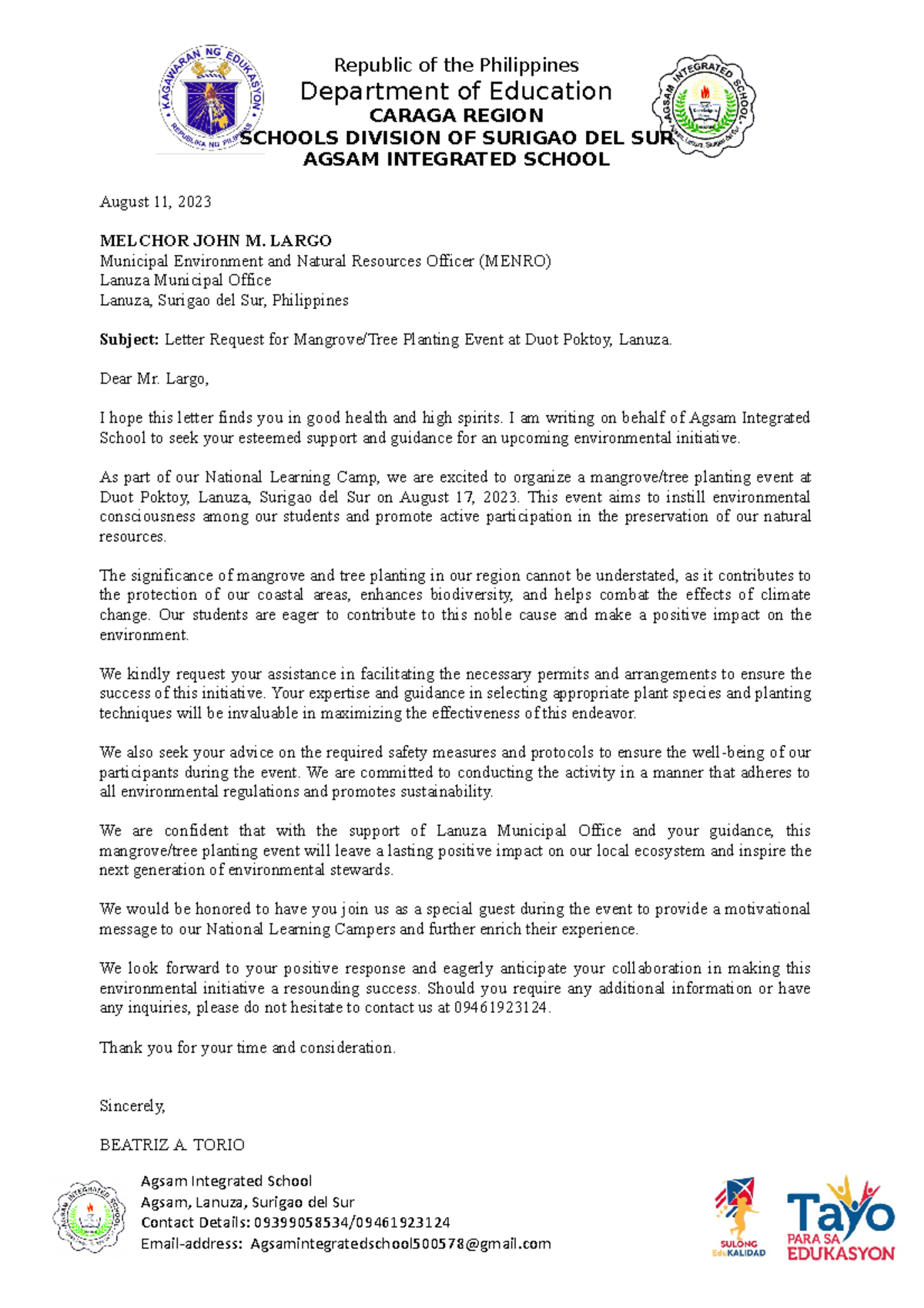 Letter Request for Tree Planting Event - Agsam Integrated School - Studocu