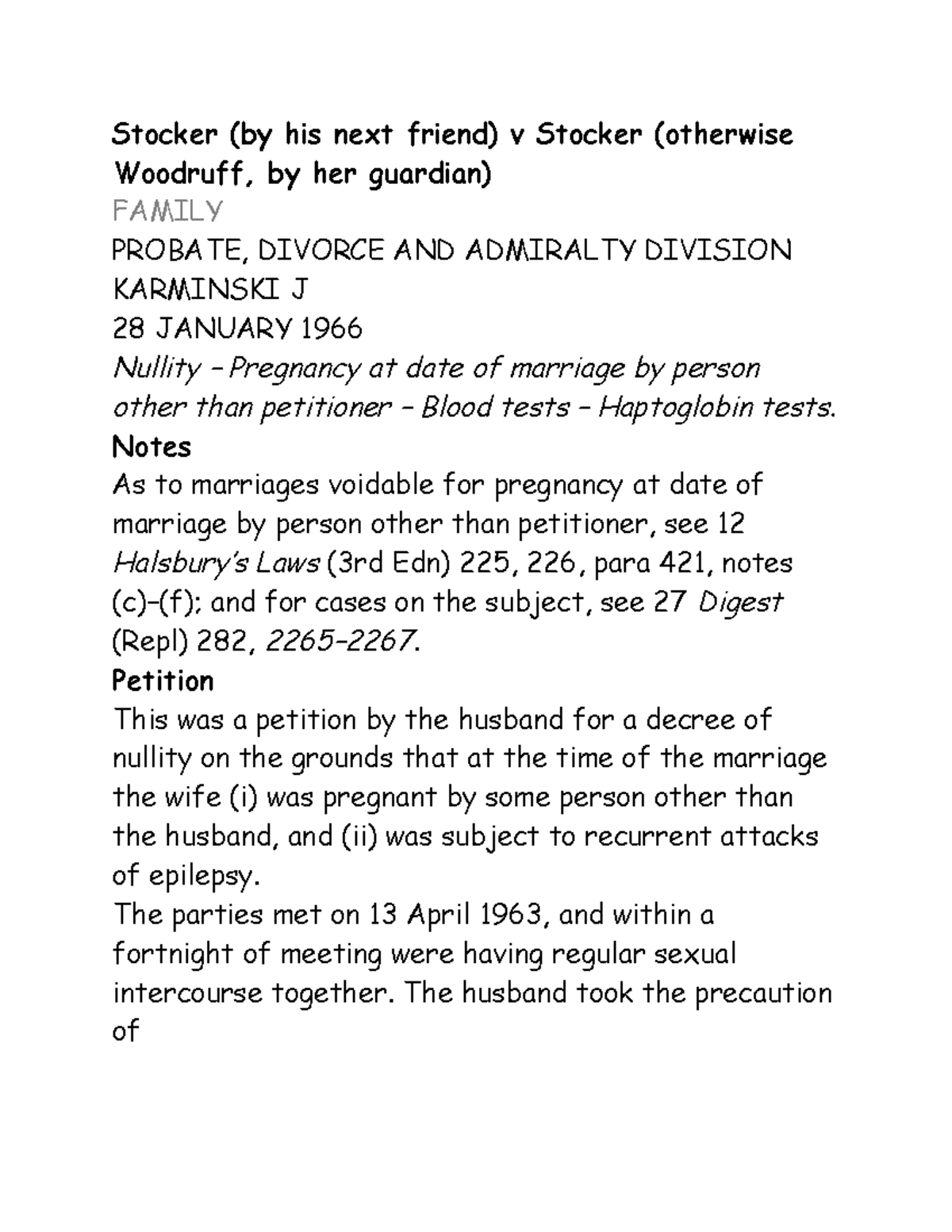 Case Law Analysis: Stocker v Stocker (1966) - Nullity Due to Pregnancy ...