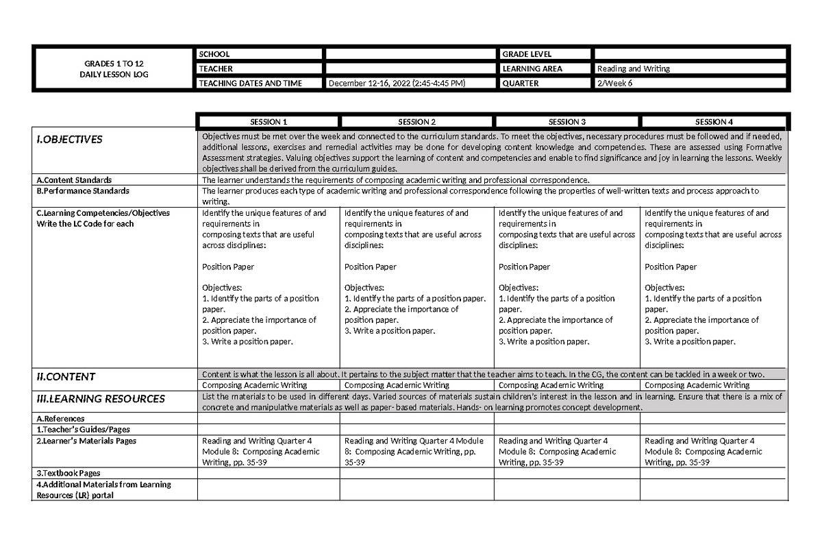 RW Q2 W6 - Daily Lesson Log for Reading and Writing - Studocu