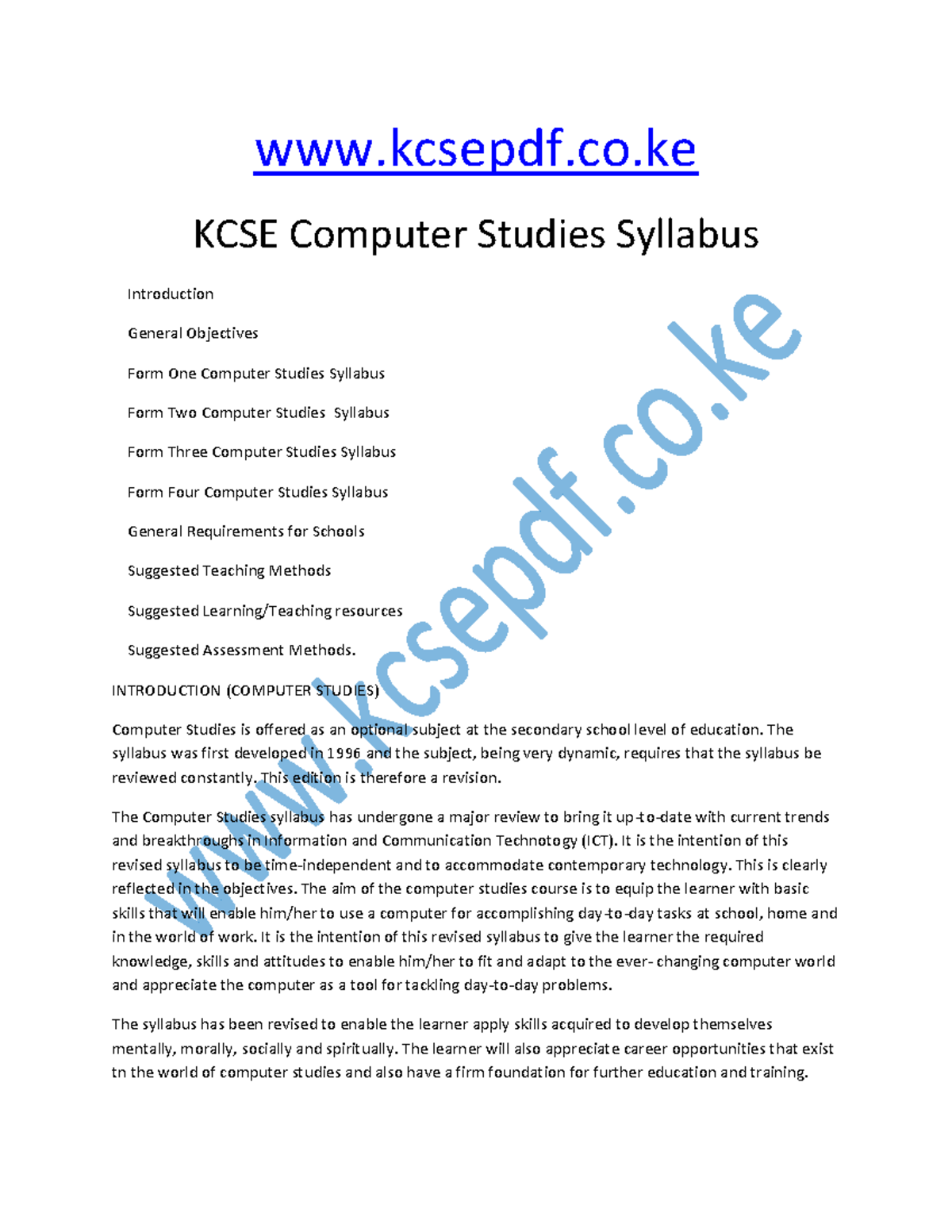 KCSE Computer Studies Syllabus Overview and Course Structure - Studocu