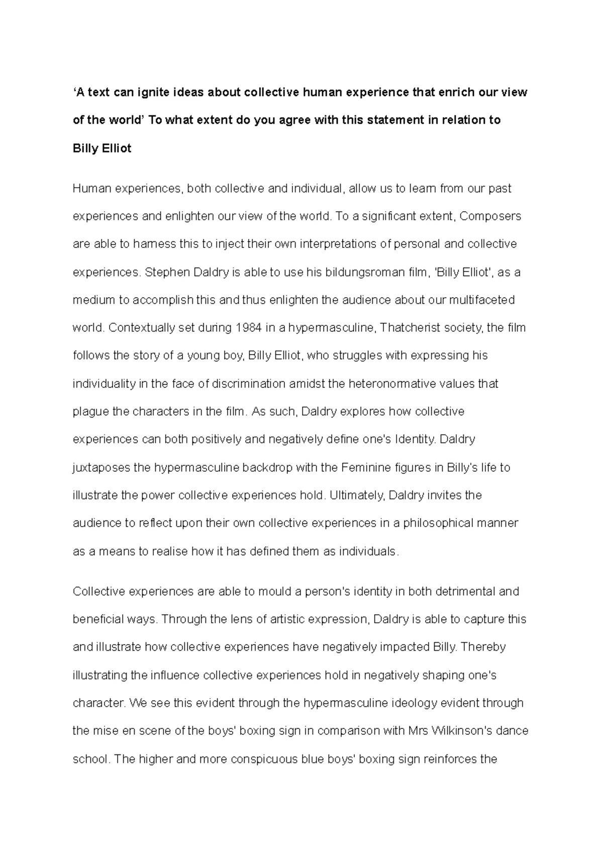 Billy Elliot & The Curious Incident: Human Experience Skeleton Essay ...
