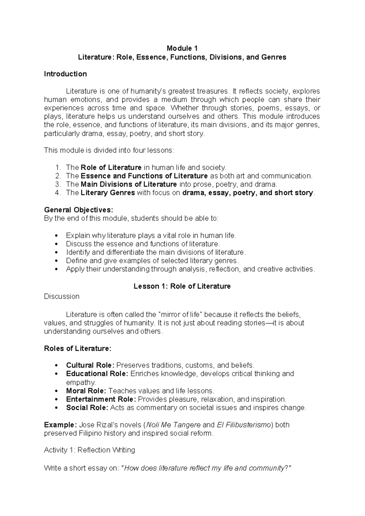 Module 1: Survey of Philippine Literature - Role, Functions & Genres ...