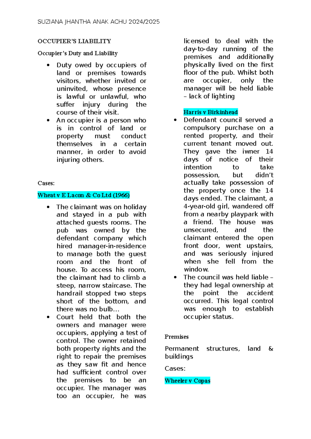 Occupier's Liability Notes (LAW 101) - Key Cases and Duties - Studocu