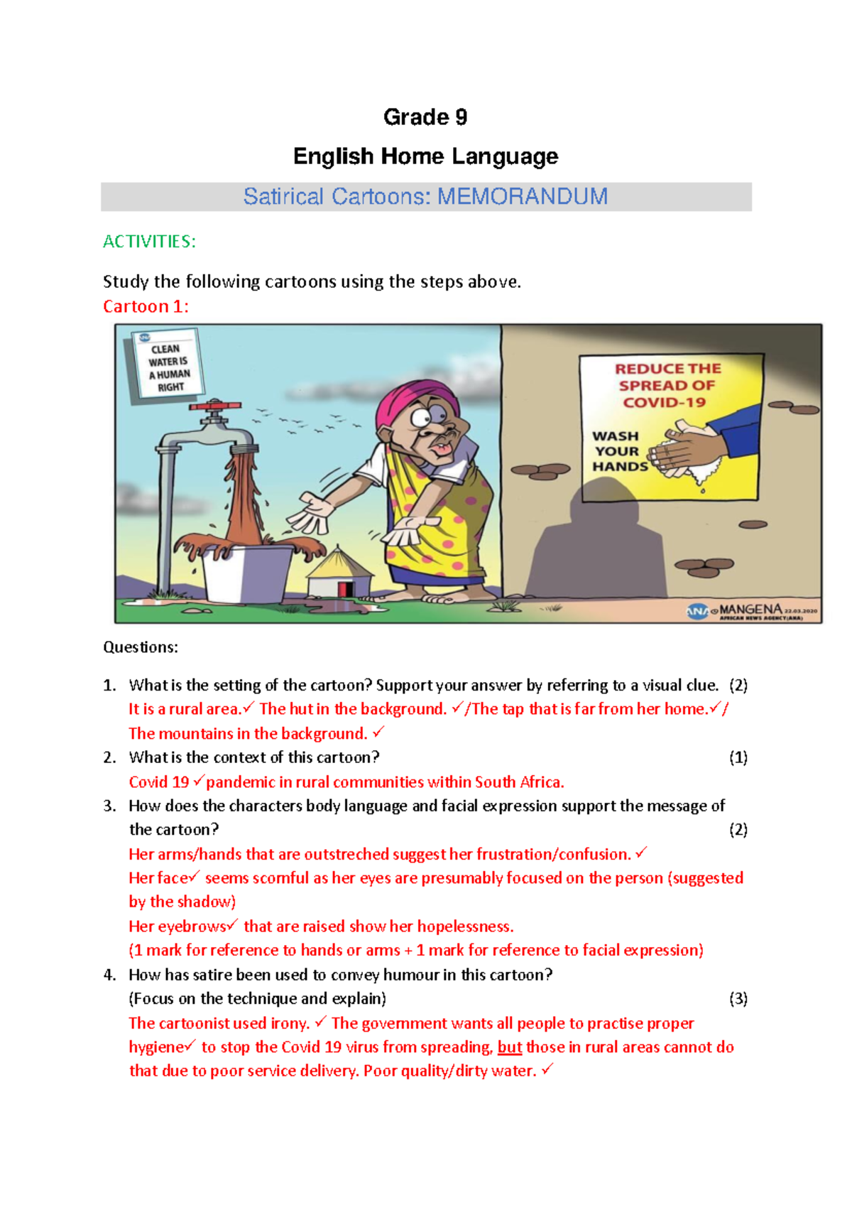 Grade 9 English HL Satirical Cartoons Worksheet Memo 220603 - Studocu