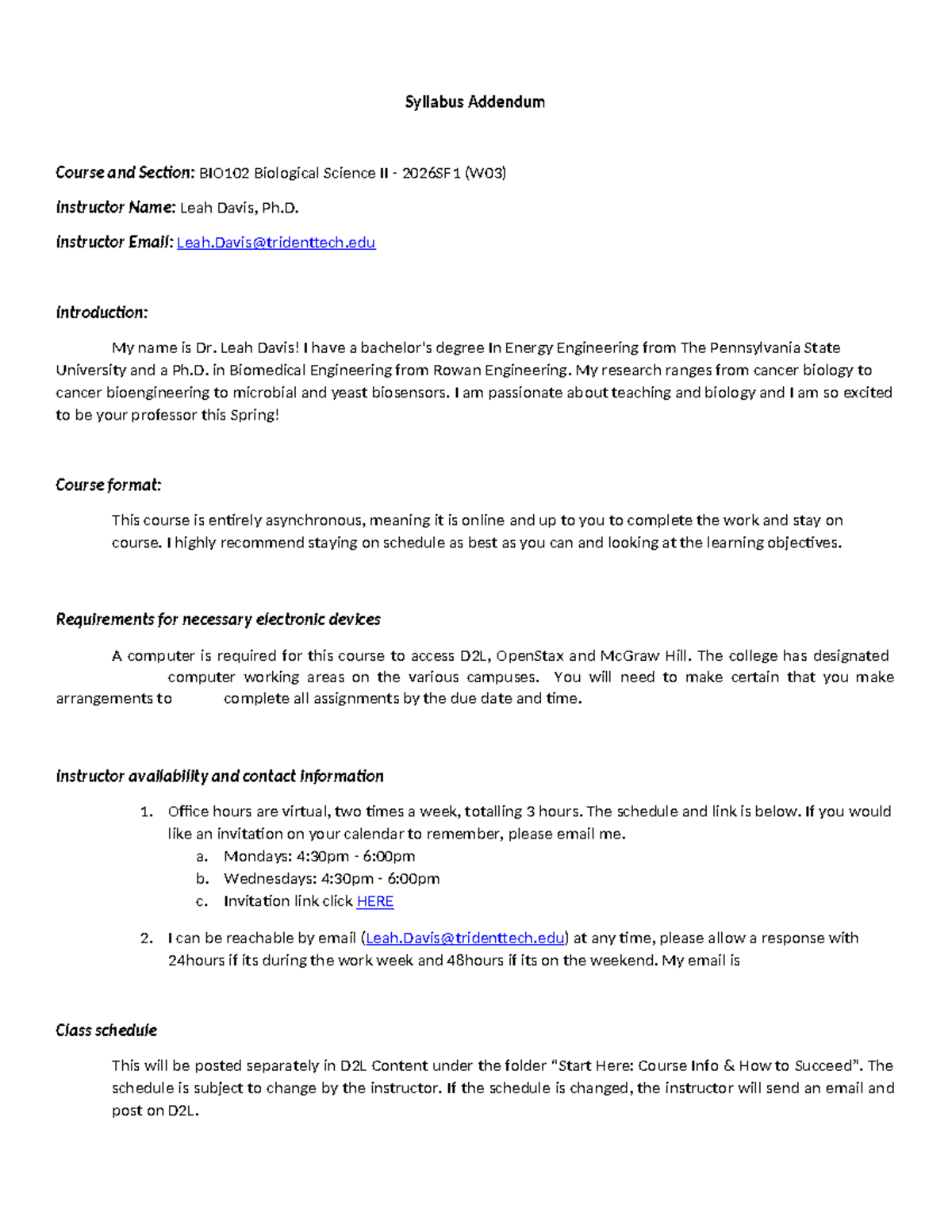 BIO102 Syllabus Addendum for Biological Science II 2026SF1 - Studocu