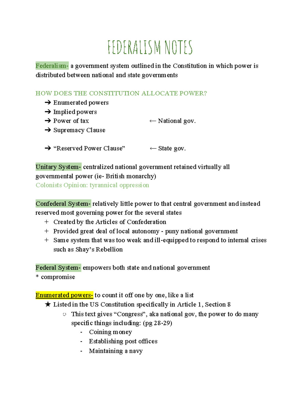 L2- Chapter 3 Federalism Notes - FEDERALISM NOTES Federalism- a ...