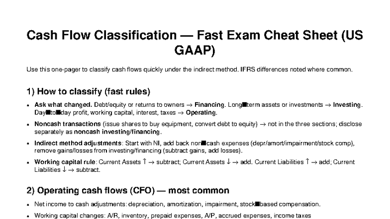 Cash Flow Classification Cheat Sheet (US GAAP) for Fast Exam Prep ...